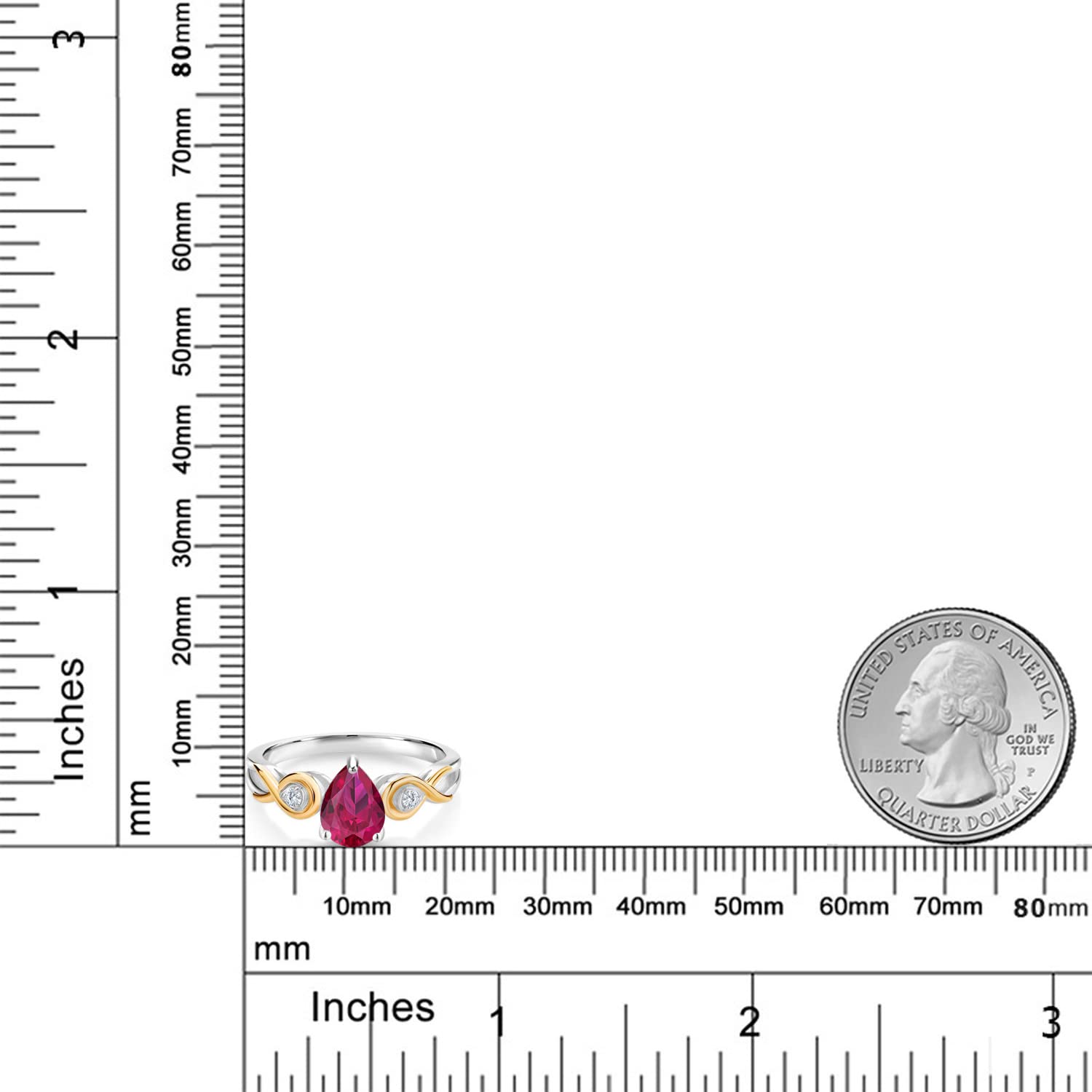 Gem Stone King 925 Sterling Silver and 10K Yellow Gold Pear Shape Red Created Ruby and White Lab Grown Diamond Women Ring (1.30 Cttw, Available In Size 5, 6, 7, 8, 9)