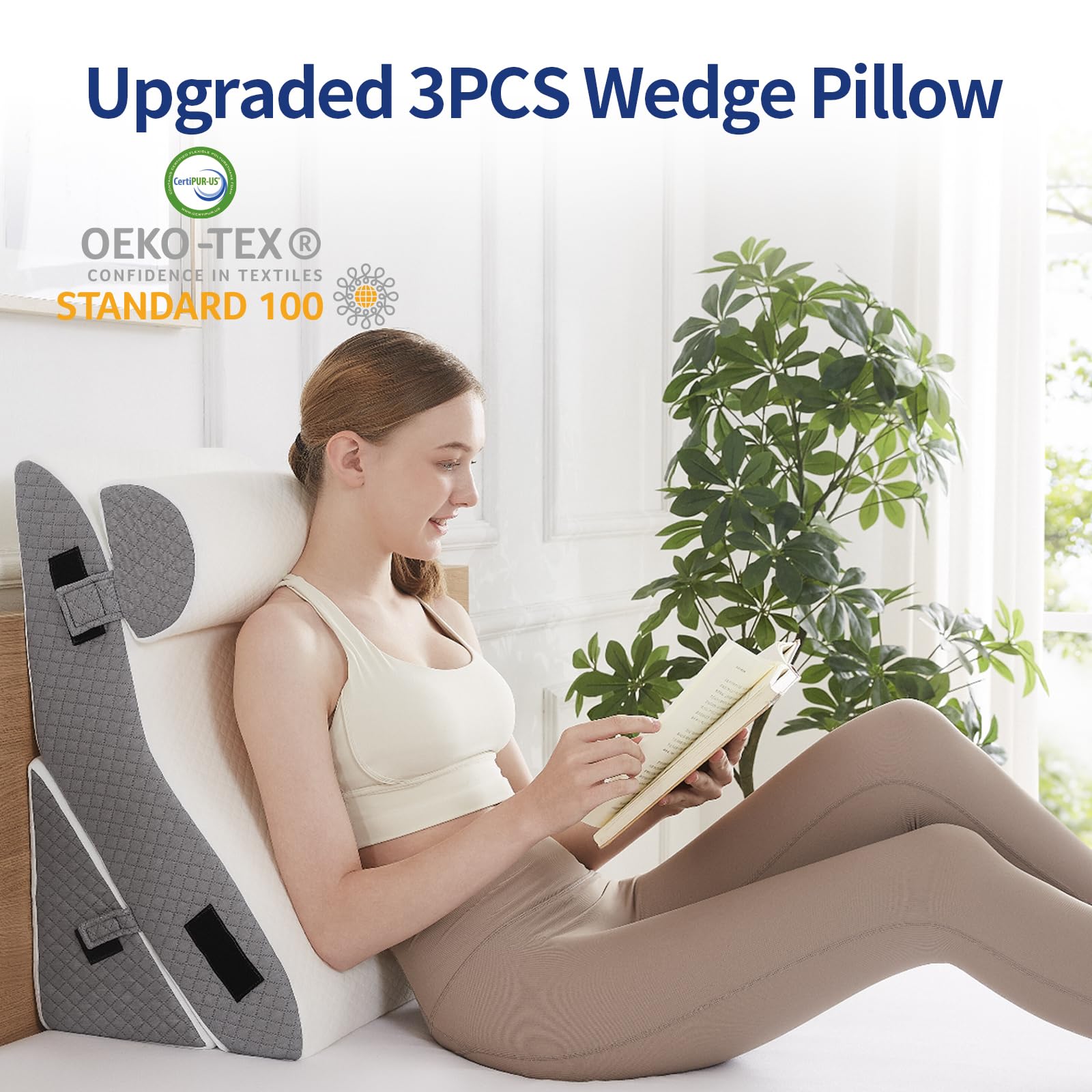 Homemate 3 PCS Upgraded Orthopedic Bed Wedge Pillow Set - Post Surgery Foam Pillow for Back, Leg and Knee Pain Relief,Adjustable 16.5" Wide Triangle Pillow for Sleeping Acid Reflux & GERD & Snoring