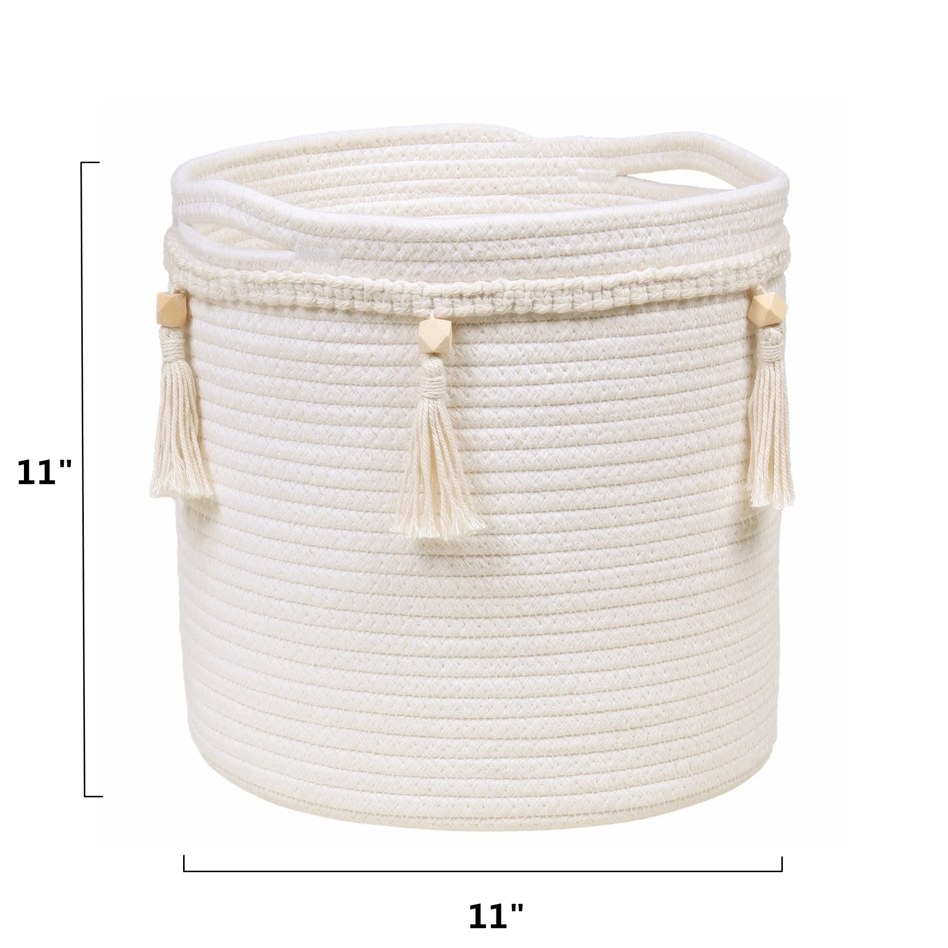 guzhiou Boho Basket with Cute Macrame Woven Tassel, Cotton Rope Storage Bins Organizer for Boho Room Decor,Bedroom Decor,Plant Basket 11"X11"