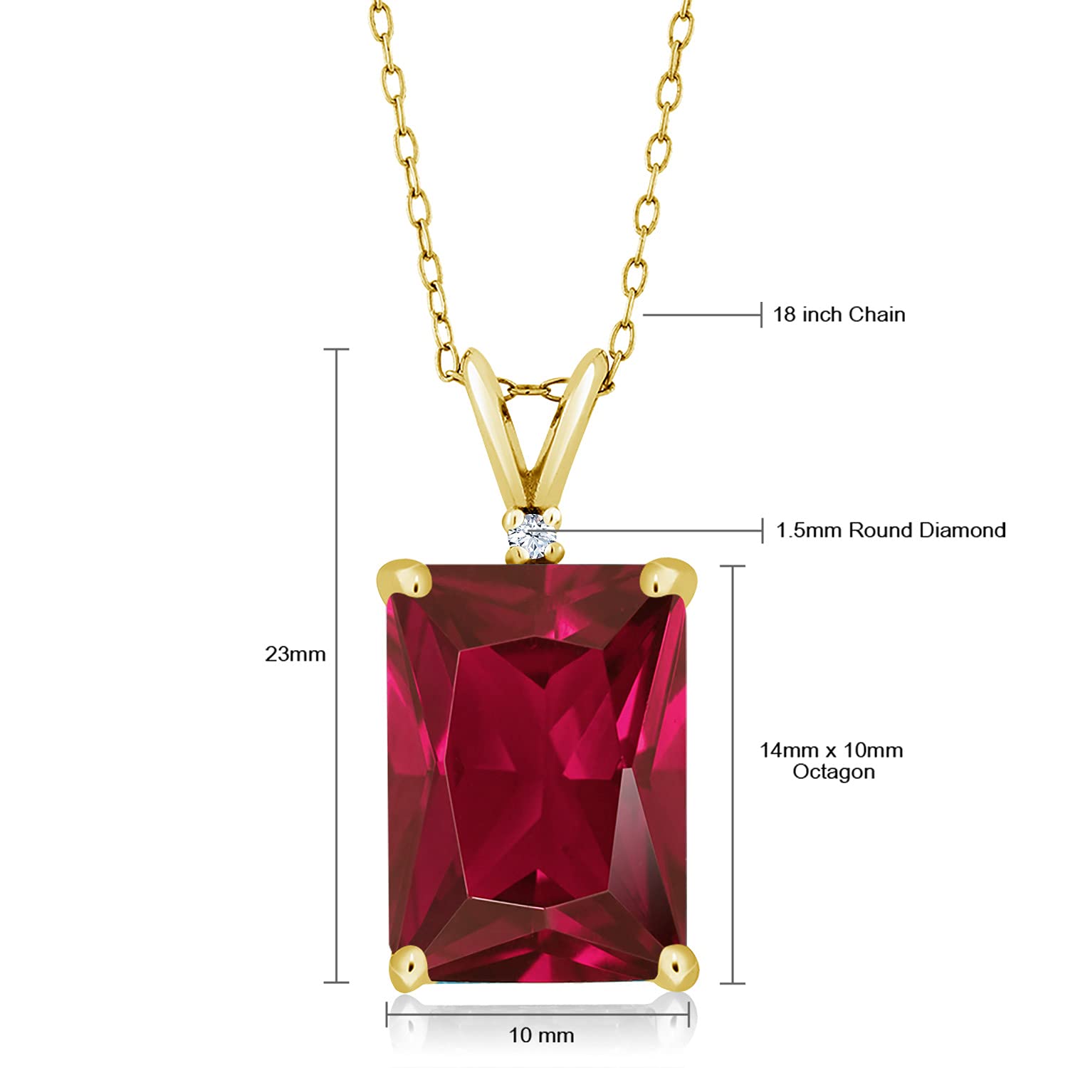Gem Stone King 18K Yellow Gold Plated Silver Red Created Ruby Pendant Necklace For Women (5.02 Cttw, Gemstone July Birthstone, Emerald Cut 14X10MM, with 18 Inch Silver Chain)