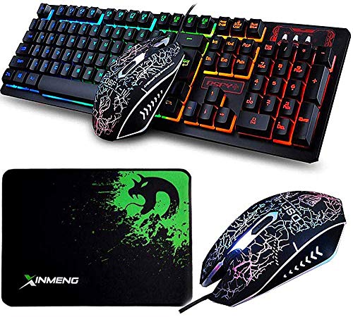 Gaming Keyboard and Mouse Headset Combo,4 in 1, USB Wired 104 Keys Rainbow Gamer Keyboard and 2400 DPI Adjust 3 Color Crack Backlight Mice 3.5 Jack Camouflage Headphones Mousepad for Office Game