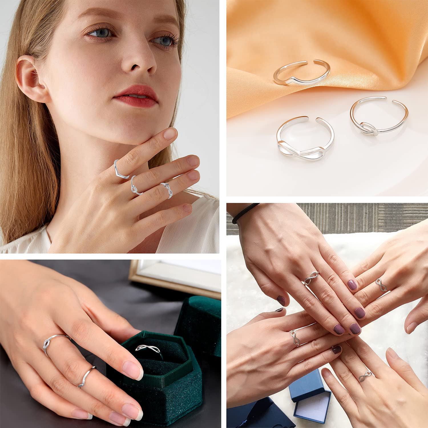 FUNEIA 3PCS S925 Sterling Silver Knuckle Rings for Women Adjustable Stacking Thumb Silver Ring Set Cubic Zirconia Butterfly Arrow Knot Hug Hands Dainty Open Rings Pack