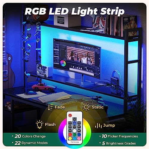 Huuger 55 inch Computer Desk with Adjustable Shelves, Gaming Desk with LED Lights & Power Outlets, Home Office Desk with Monitor Stand, Hooks & CPU Stand, Black