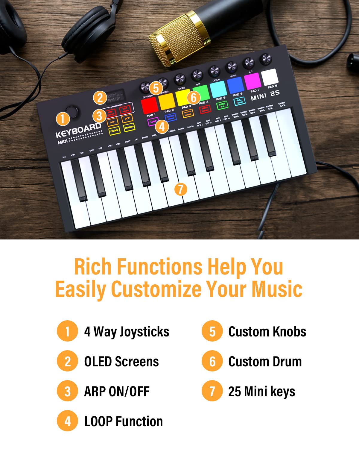 KONIX MIDI Keyboard Controller 25 Key, Portable USB MIDI with Velocity-Sensitive Mini Keys & OLED Screen Display for Mac/PC, Small MIDI Keyboard with Unique LOOP Function and 8 Backlit Drum Pads