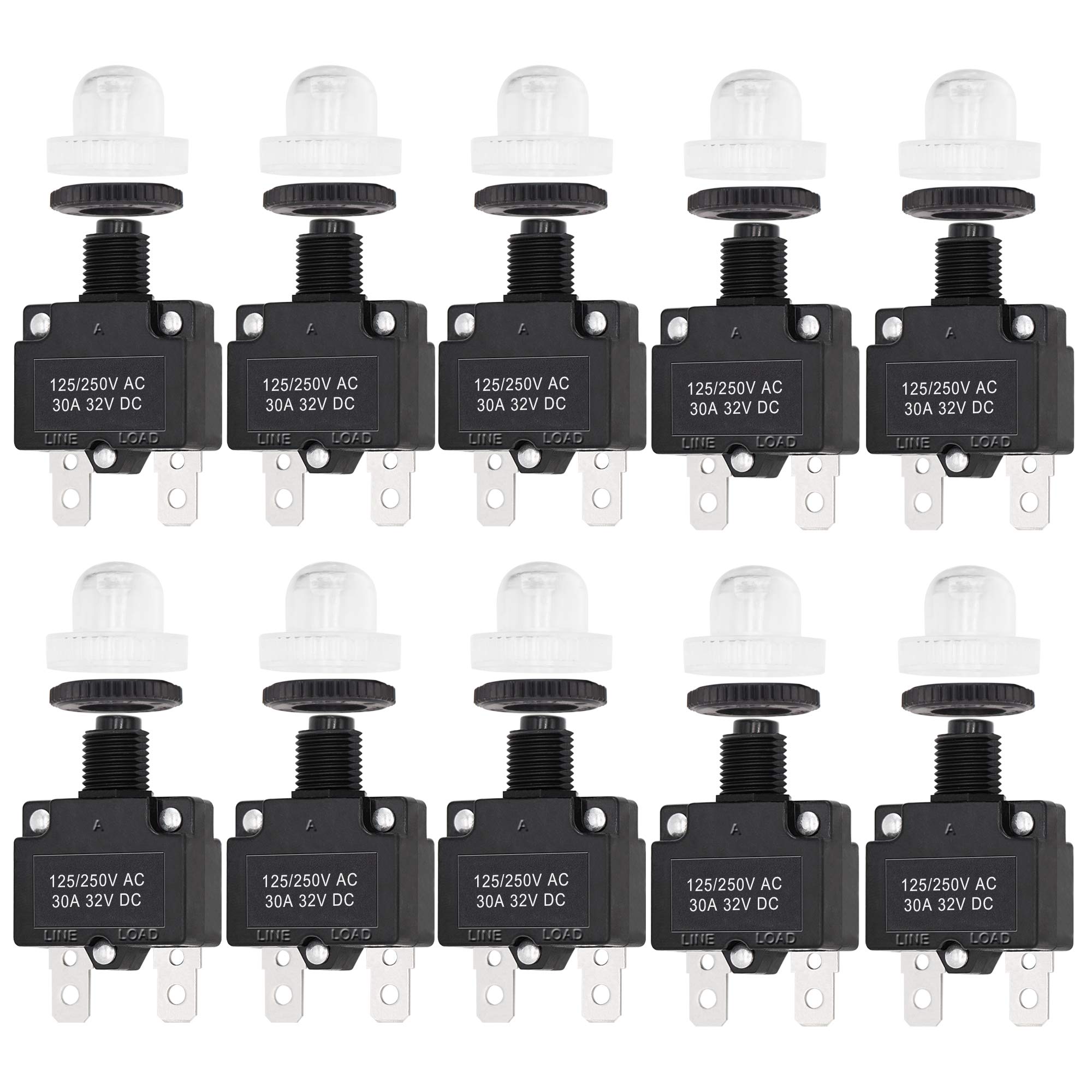 Fuzbaxy 10PCS 30Amp Circuit Breakers with Push Button Reset with Quick Connect Terminals and Waterproof Button Cap