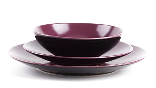 HomeVss Stoneware Two-Tone Colors Life 18pc Dinner Set,Outside Shiny Black + Inside Matte Glaze Plum