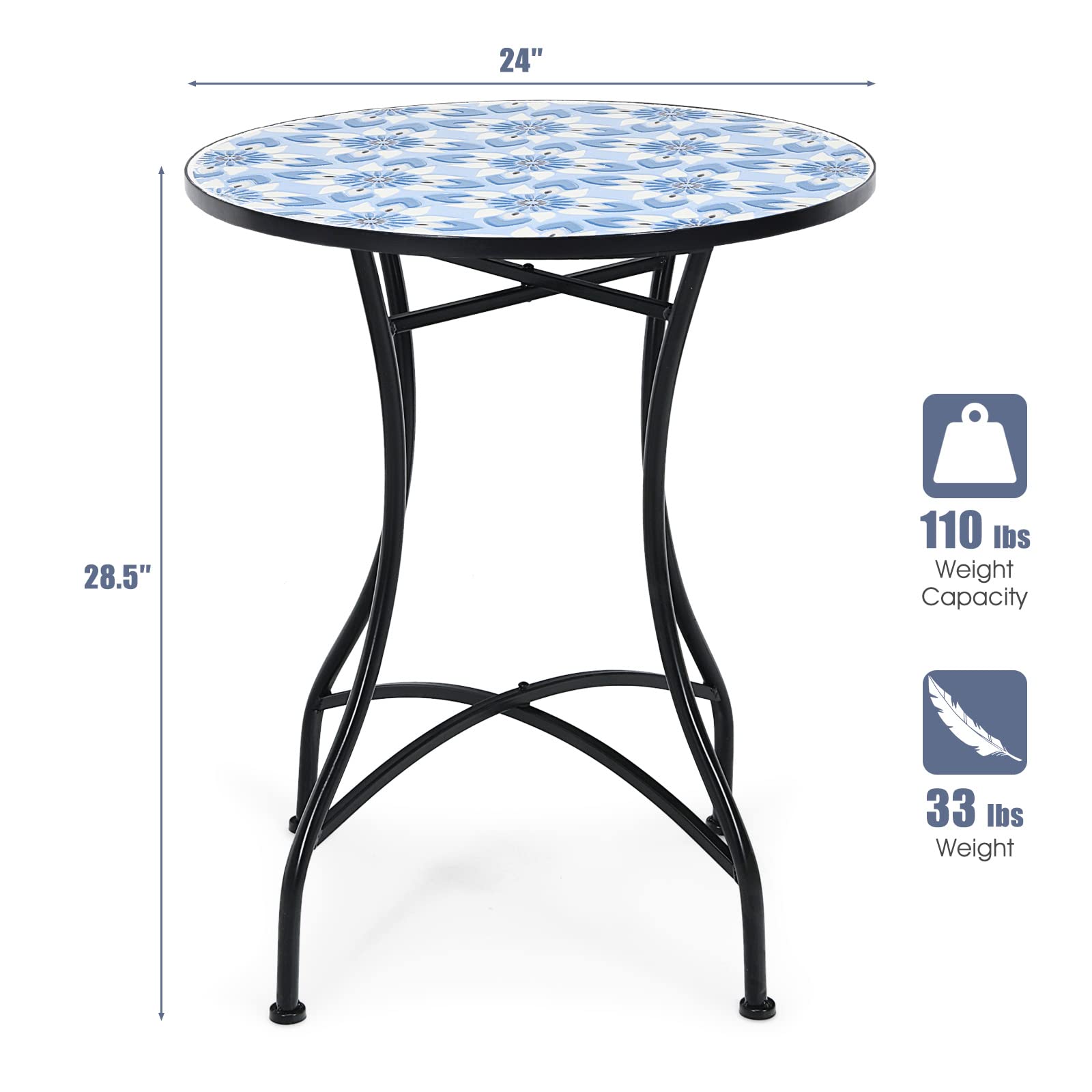 Giantex Mosaic Round Table, Outdoor Dining Table with Exquisite Floral Pattern and Ceramic Tile Tabletop, Plant Stand for Patio, Garden, Balcony, Backyard or Living Room Porch (Blue)