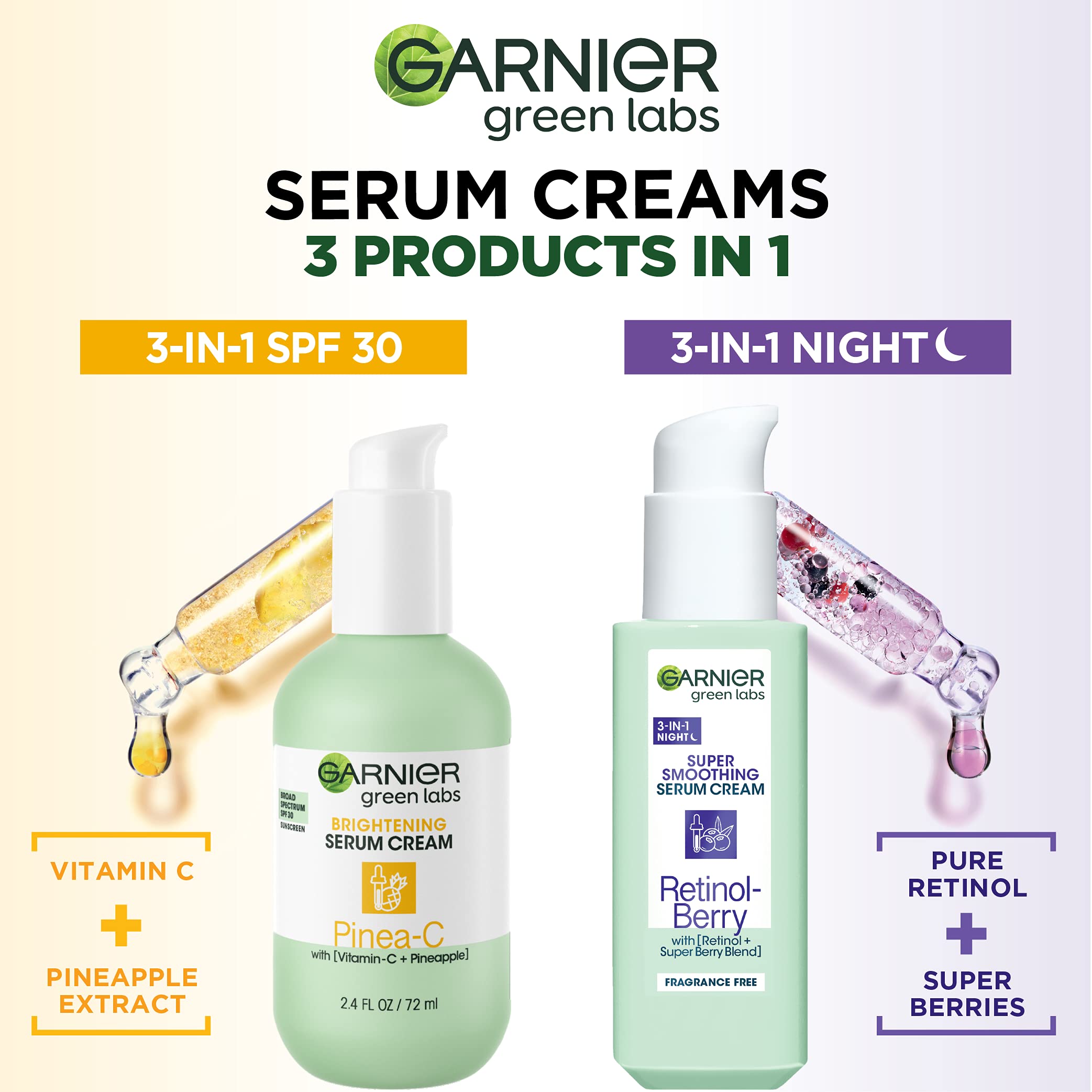 Garnier Green Labs Retinol-Berry Super Smoothing Night Serum Cream Moisturizer, 3-in-1 Retinol Serum, Night Cream, Eye Cream, 1 kit