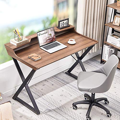GreenForest Computer Desk with Hutch 47" Home Office Writing Desk Modern Style Study Working Table Laptop PC Workstation, with Heavy Duty Metal Frame and Wooden Desktop,Walnut