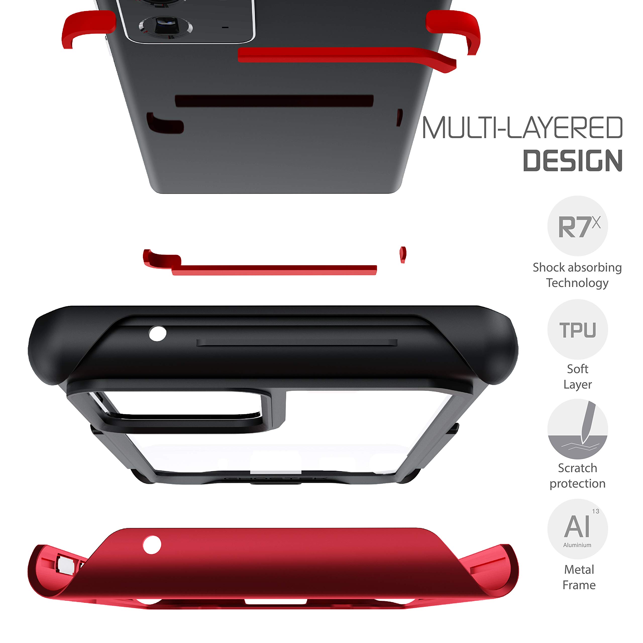 Ghostek Atomic Slim Note 20 Ultra Case Clear with Red Military Grade Aluminum Bumper Heavy Duty Protection with Rugged Shockproof Design Protective Cover 2020 Galaxy Note20 Ultra 5G (6.9 Inch) - (Red)