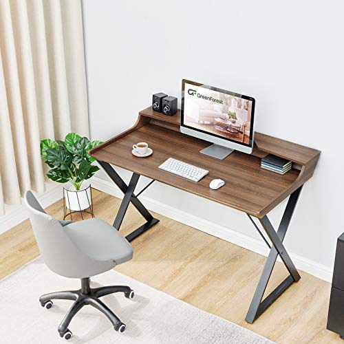 GreenForest Computer Desk with Hutch 47" Home Office Writing Desk Modern Style Study Working Table Laptop PC Workstation, with Heavy Duty Metal Frame and Wooden Desktop,Walnut