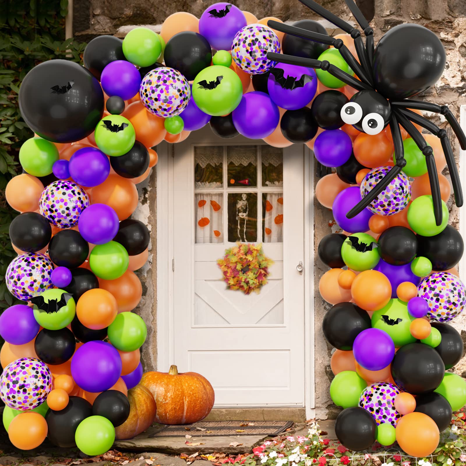 Halloween Balloon Garland Kit with Spider Bat Balloon Black Orange Purple Green Confetti Long Balloons 3D Bat Sticker for Halloween Theme Party Supplies Classroom Background Decorations