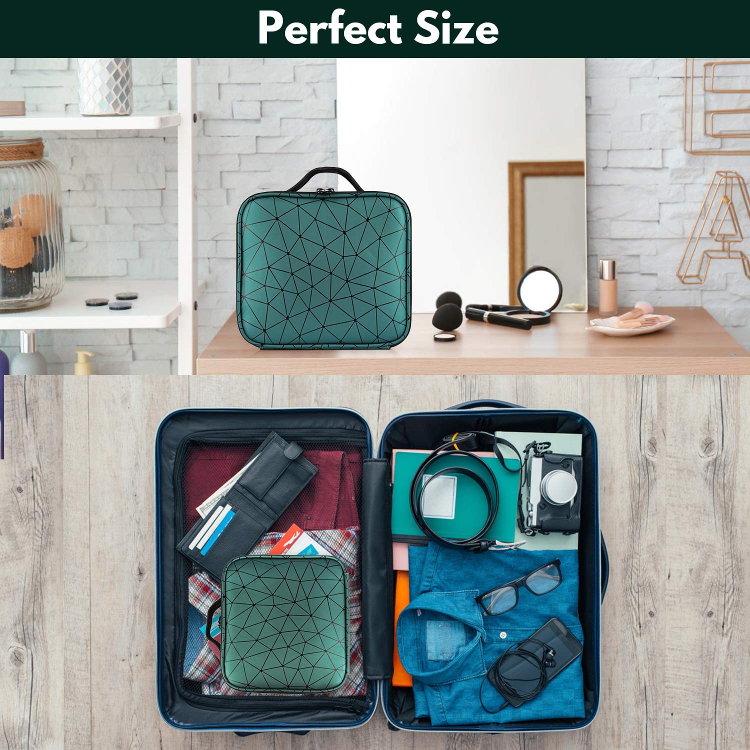 Garsumiss Travel Makeup Train Case Professional Cosmetic Bag Organizer Portable Artist Storage Make Up Compartments Tool Box Vanity for Brushes Toiletry Jewelry,Diamond Shape Pattern(Green)