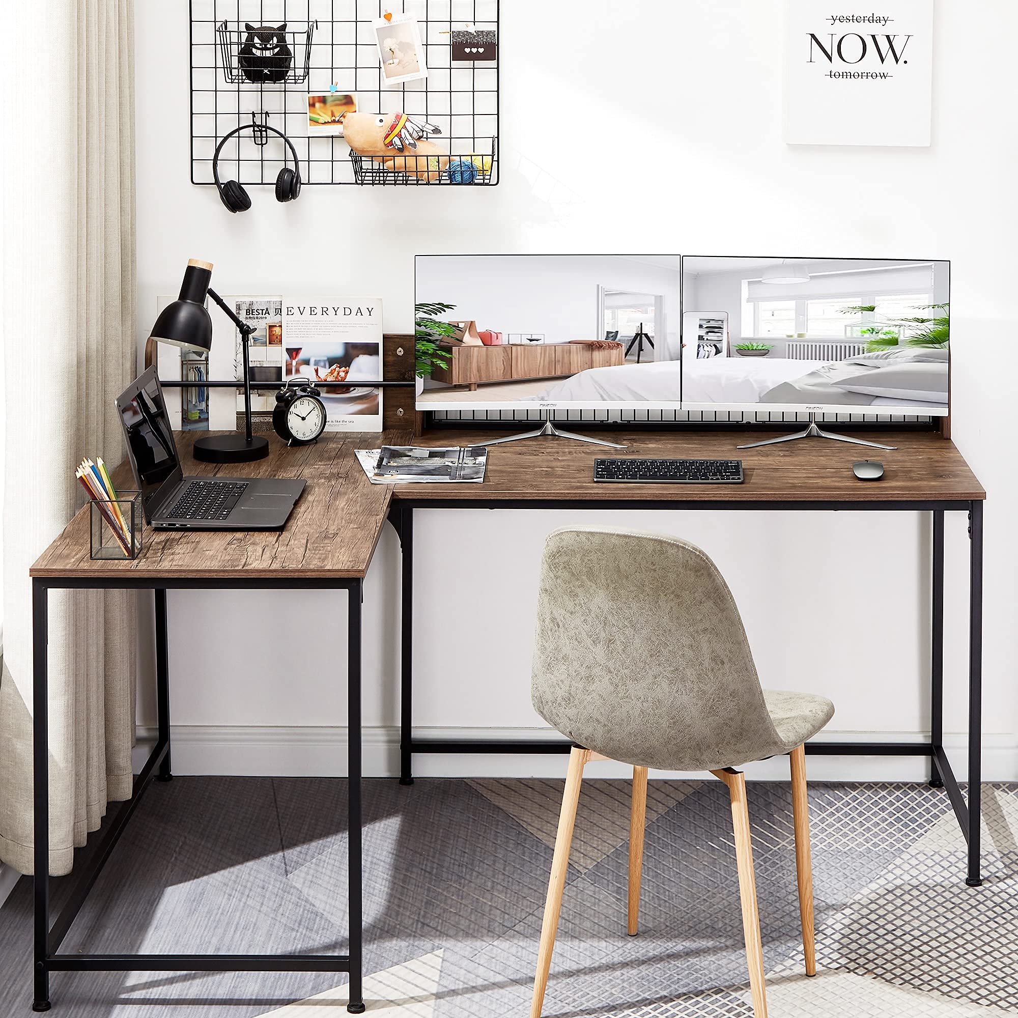 GreenForest L Shaped Desk 65" x 43", Large L Desk with Storage, Corner Computer Desk for Writing, Home Office Study Gaming Modern Desk with Hutch, Walnut