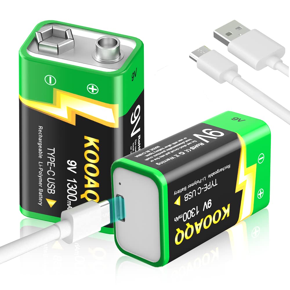 KOOAQQ 9V Lithium Battery, High Capacity 1300mAh, with 2 in 1 USB-C Charging Cable,Rechargeable 9 Volt Square Batteries for Smoke Detector/Alarms,Wireless Microphones,Metal Detector (2 Count 9V 1300)