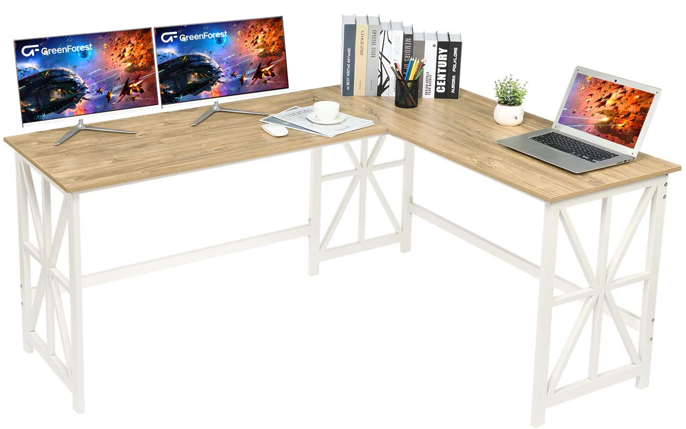 GreenForest Large L Shaped Computer Desk,63.8 x 50 inch Corner Computer Desk for Home Office Industrial Heavy Duty Workstation, Oak