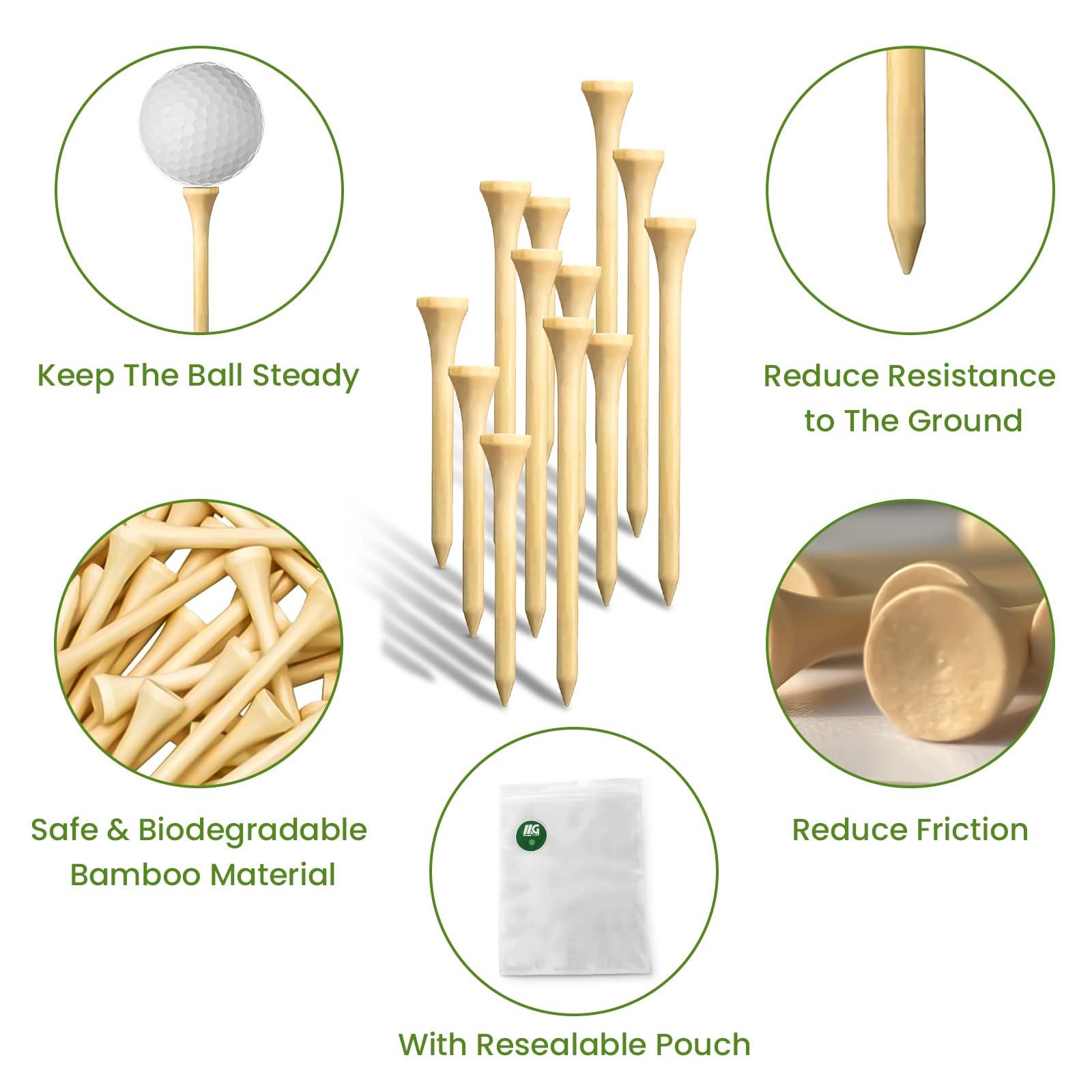 Golf Tees 3 1/4 & 2-1/8 Long Wood Golf Tees Professional Natural Golf Tee for Driver/Iron/Hybrid, Pack of 50, Reduce Friction & Side Spin