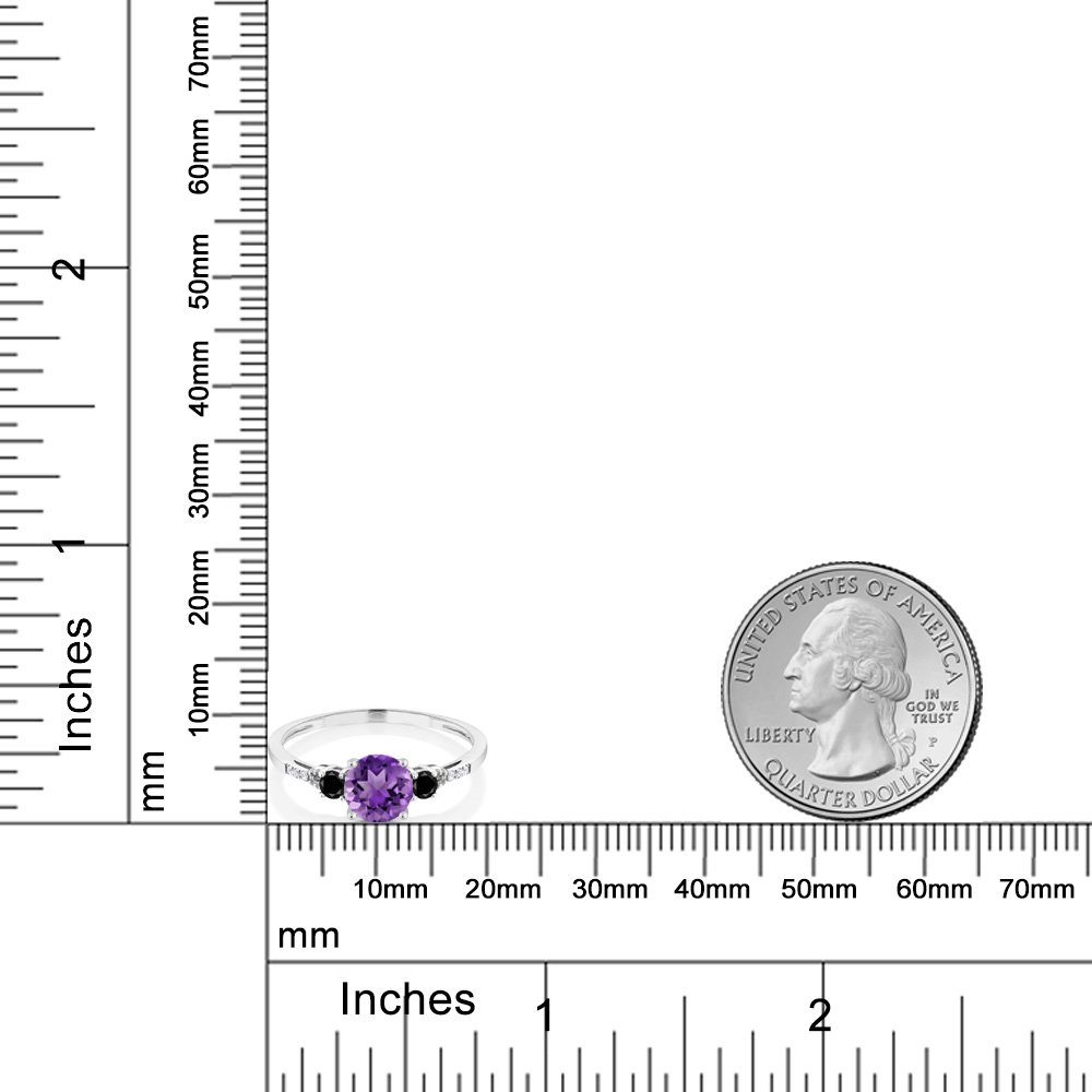 Gem Stone King 10K White Gold Purple Amethyst Black Diamond and White Diamond Accent 3-Stone Engagement Ring For Women (0.88 Cttw, Round 6MM, Gemstone February Birthstone, Size 7)