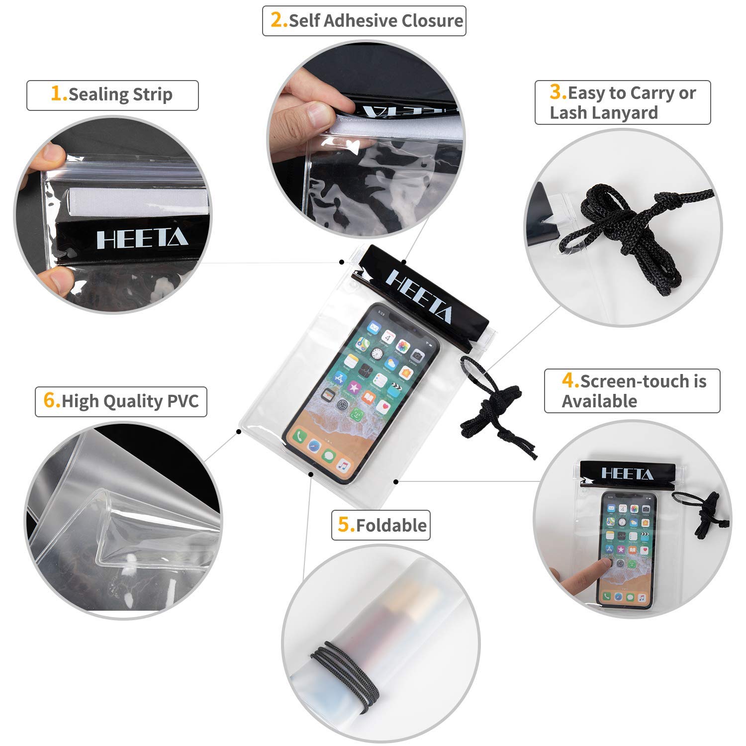 HEETA Waterproof Pouch, Screen Touch Sensitive Waterproof Bag Black & White L Bundle with 5-Pack Clear Waterproof Dry Bag