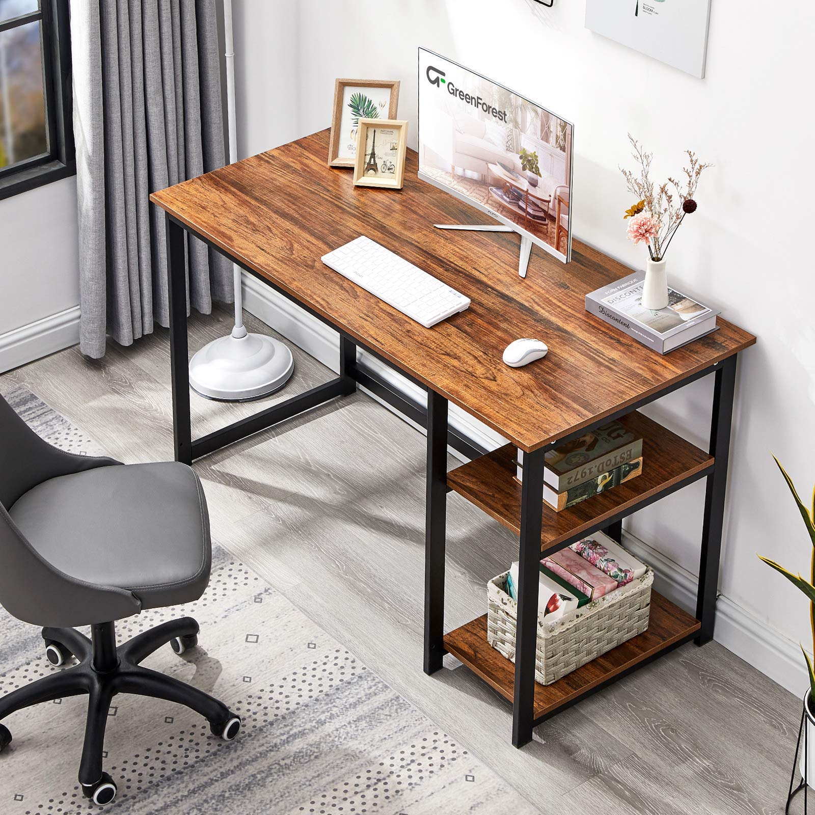 GreenForest Office Desk with 2-Tier Storage Shelves 47 inch Computer Desk Modern PC Laptop Workstation Study Working Writing Desk, Walnut
