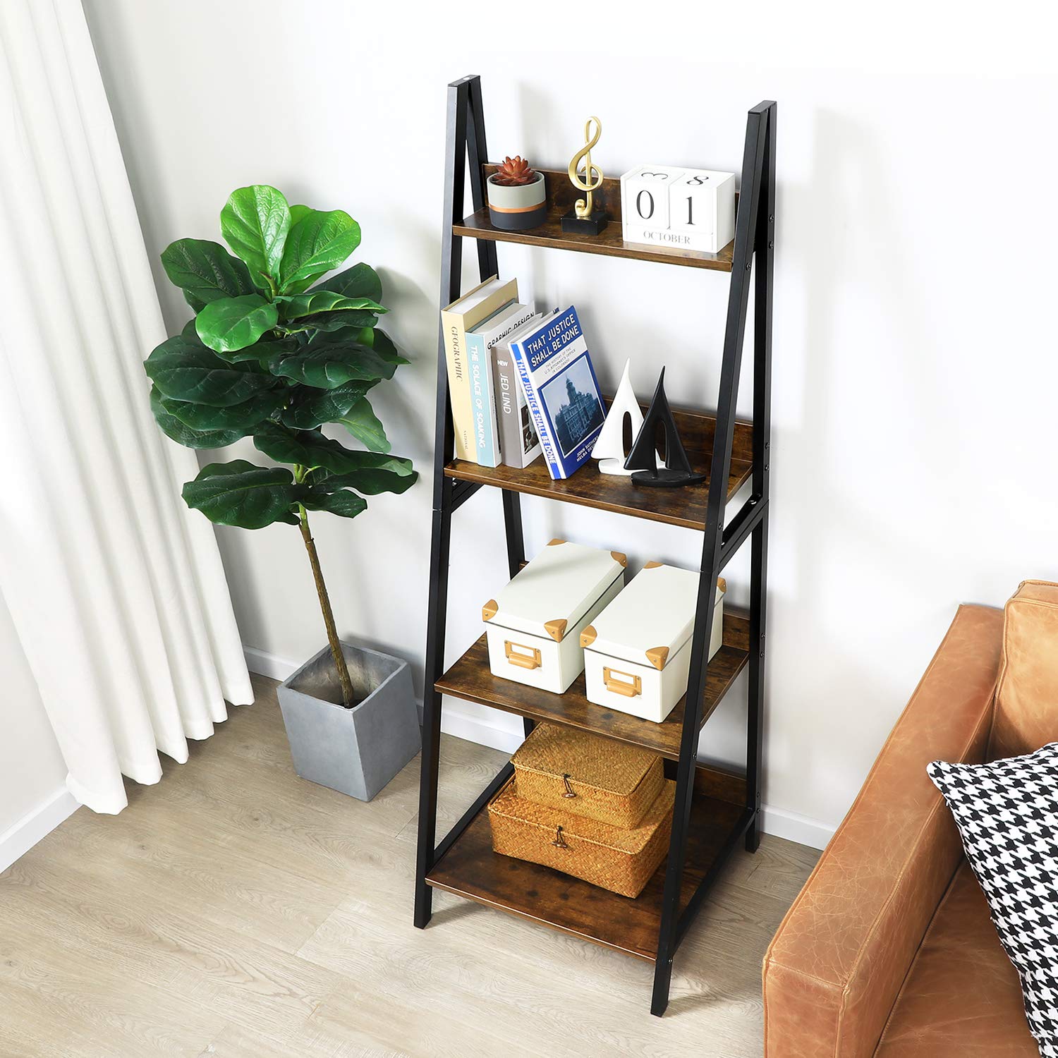 GreenForest Ladder Shelf 4 Tier Bookshelf Industrial Bookcase Storage Rack Shelves for Living Room, Home Office, Brown