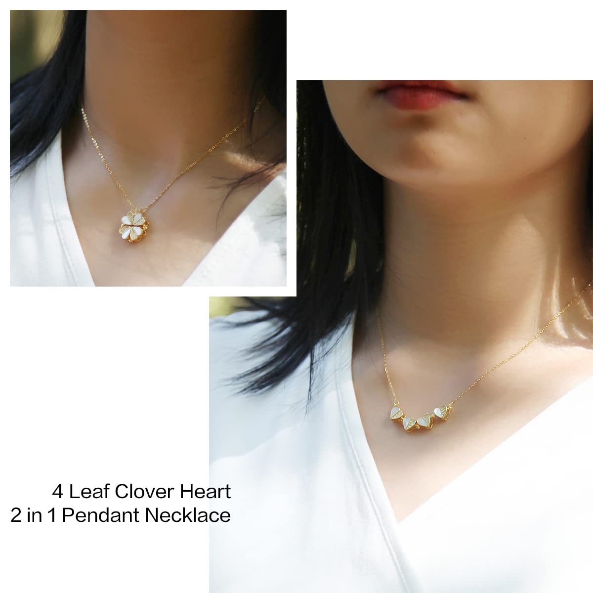 Guptue 4 Leaf Clover Heart 2 in 1 sterling silver Pendant Necklace for Women and Valentine Gift