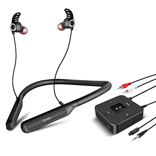 Giveet Bluetooth Headphones Earbuds for TV Watching, Wireless Neckband Earphones w/Bluetooth Transmitter Set for Optical Digital, RCA, 3.5mm Aux Ported TVs, 16Hrs Playtime, Plug & Play, No Audio Delay