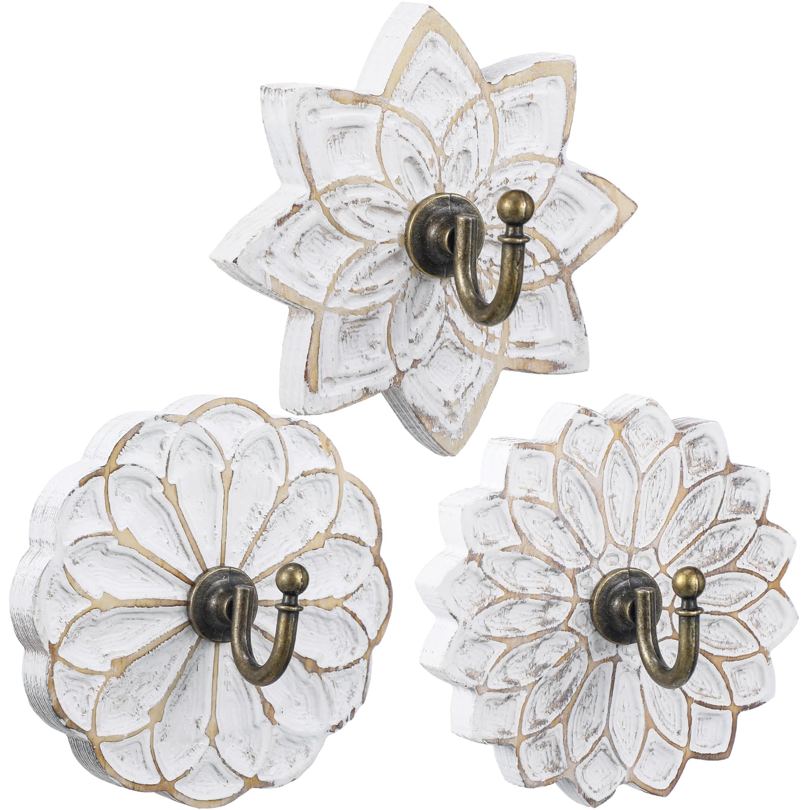 Weysat 3 Pcs Wood Farmhouse Flower Coat Hooks, Distressed Vintage Wall Hooks with Screws, White Decorative Hooks for Key Towel(Retro)