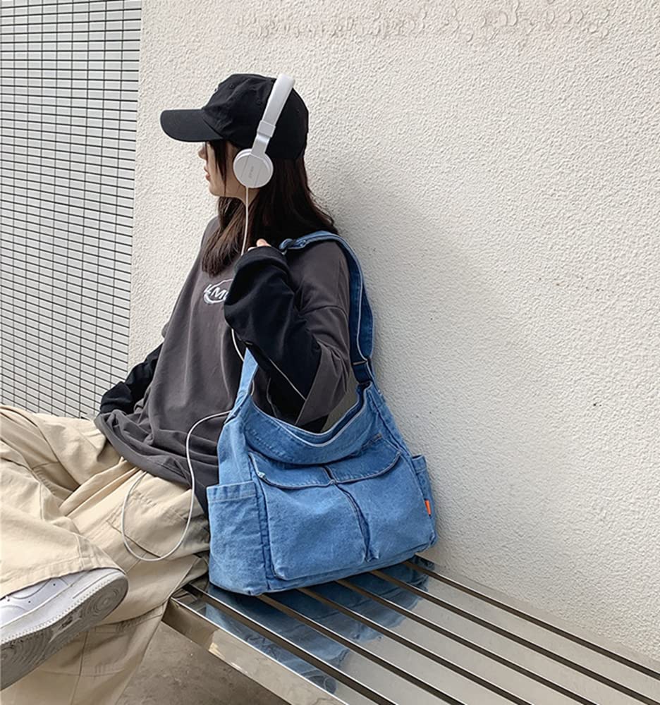JBB Denim Shoulder Bag Casual Retro Handbag Women Travel Crossbody Bag Lightweight-LIGHT BLUE