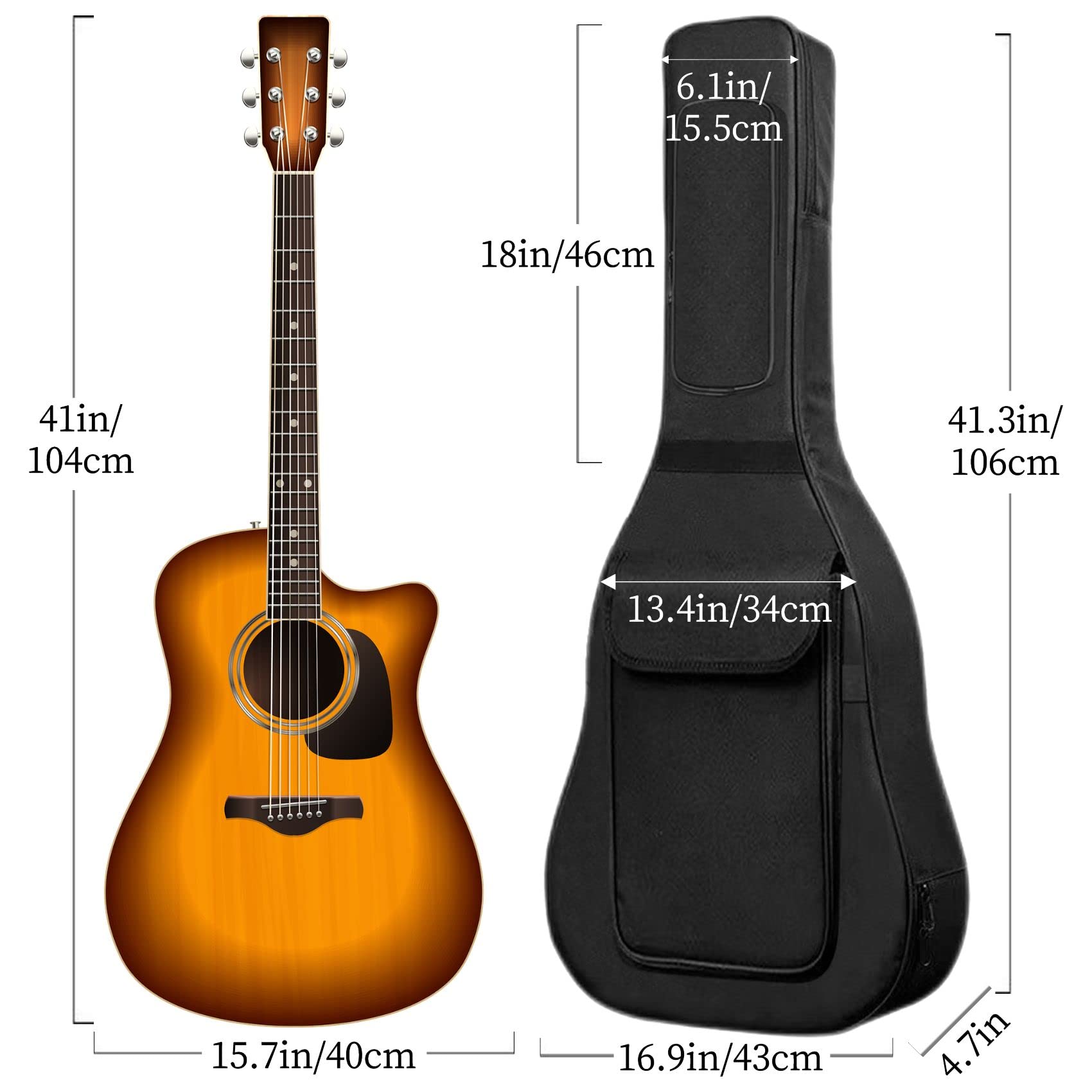 GIGKOUKI 41 Inch Acoustic Guitar Bag 11mm Thick Padding Waterproof Dual Adjustable Shoulder Strap Guitar Case Soft Gig Bag with Back Hanger Loop and Neck Protection Strap