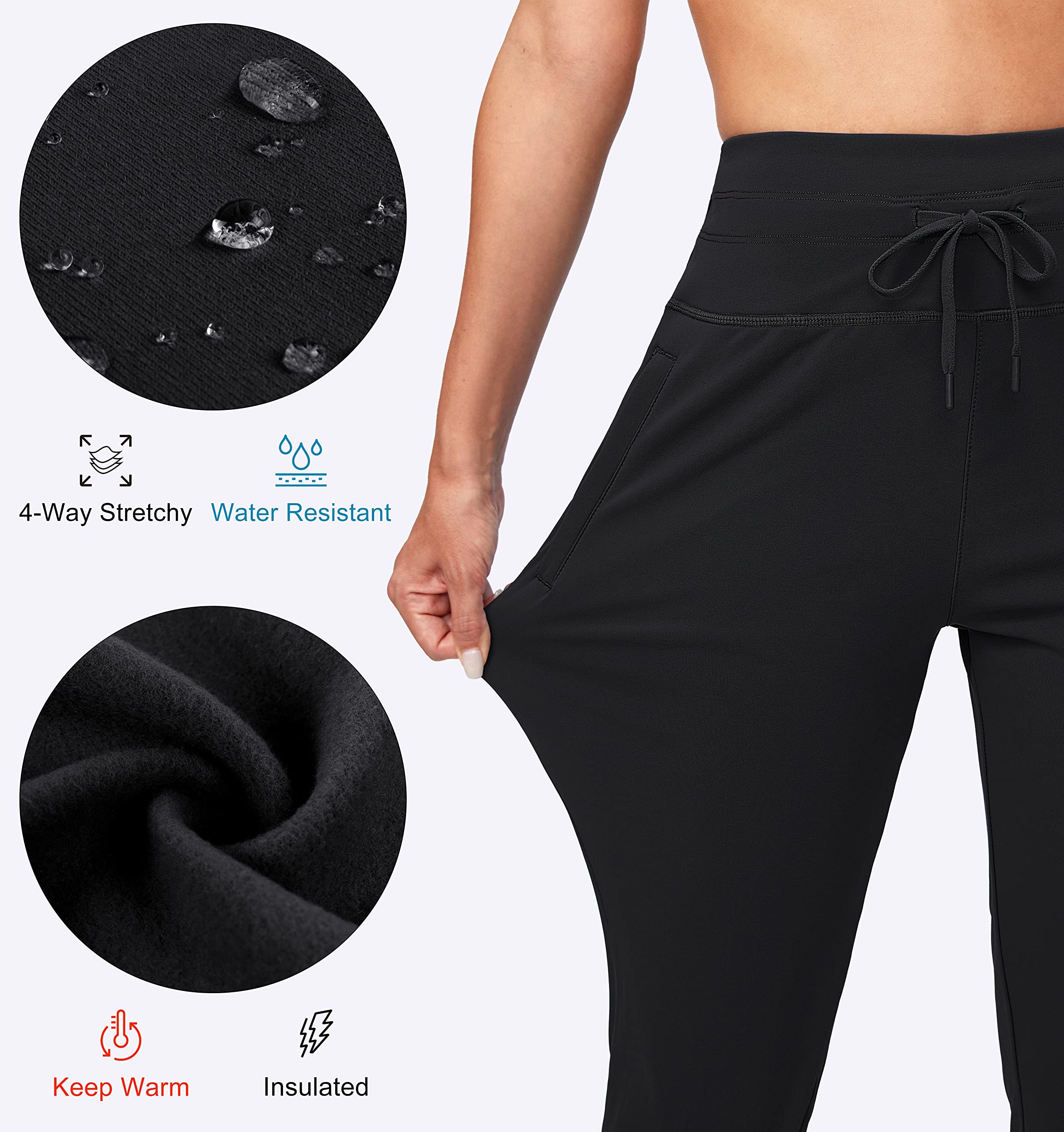 G Gradual Women's Fleece Lined Joggers High Waisted Water Resistant Thermal Winter Sweatpants Running Hiking Pockets (Black, S)