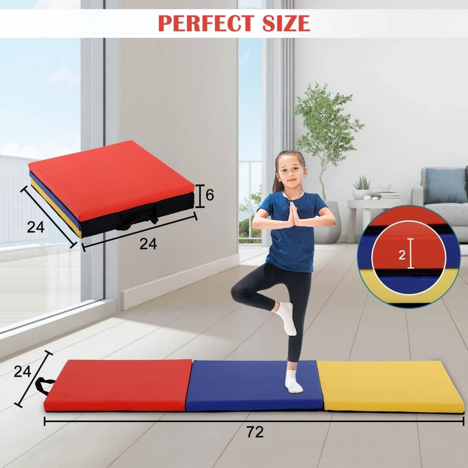 Gymnastics Mat Tumbling Mats for Gymnastics for Home, Tri-Fold Folding Thick Wrestling Mats 6'x2'x2”Anti-Tear Lightweight Exercise Mat with Carrying Handle, Indoor/Outdoor Workout Mats CM