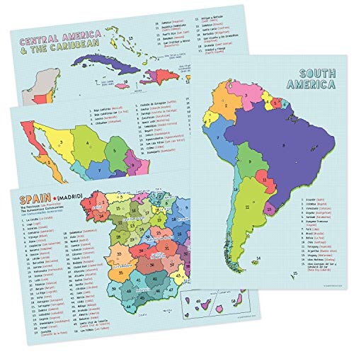 Quarterhouse Spanish Language Country Maps for the Classroom - Spain, Mexico, Central America/Caribbean, & South America Poster Set, Spanish Classroom Learning Materials for K-12 Students and Teachers, Set of 4, 12 x 18 Inches, Extra Durable