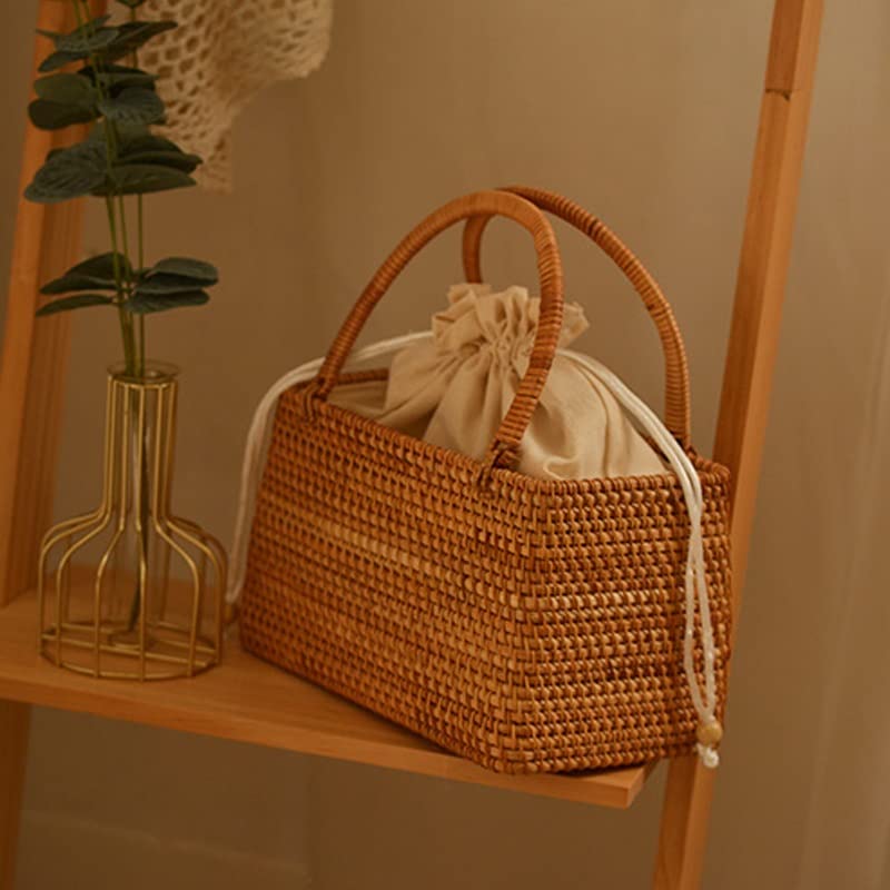 LSDJGDDE Hand Basket Picnic Travel Hand Woven Rattan Handbag Semicircular Stitching Lace up Inner Pocket Handmade