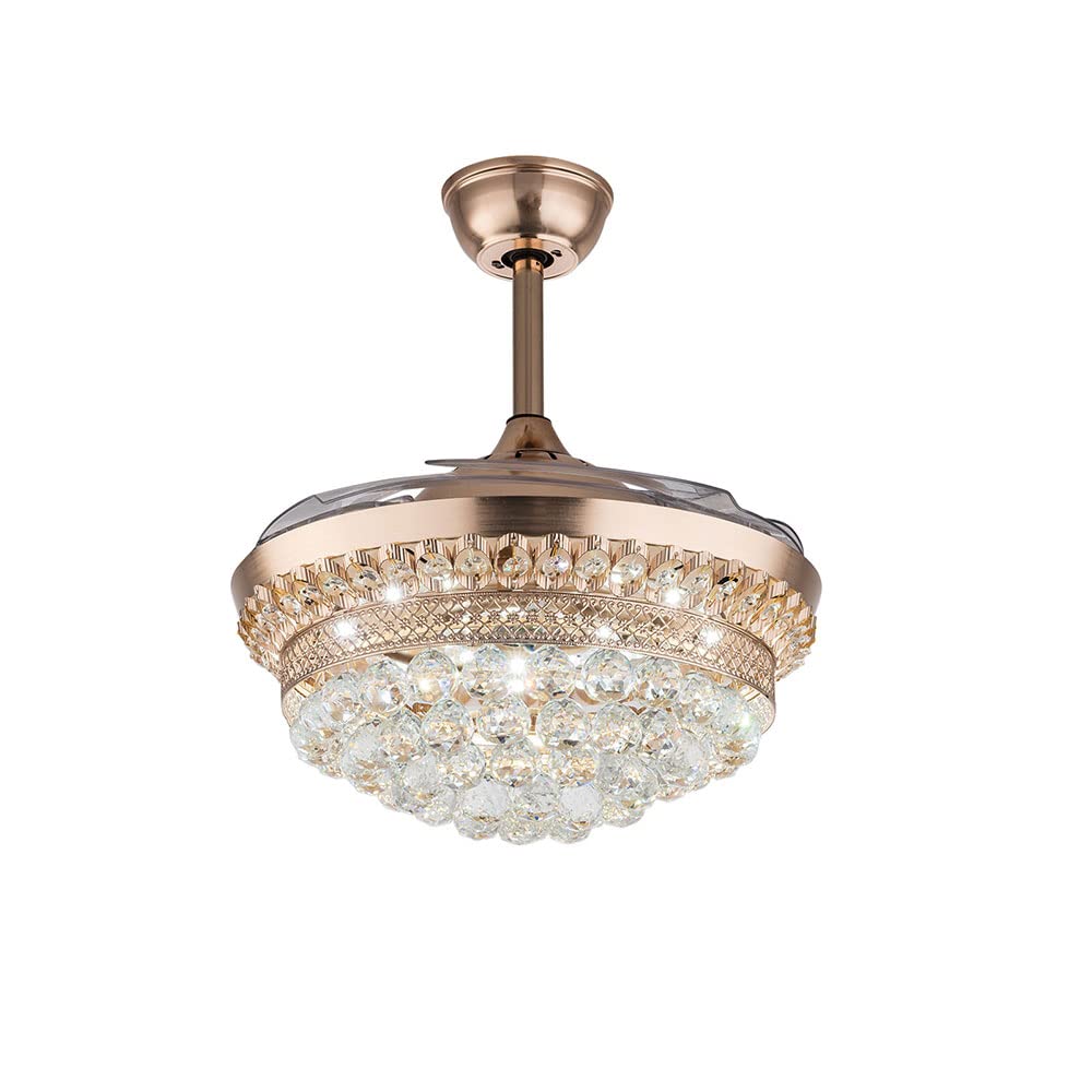 Gdrasuya10 42 Inch Crystal Ceiling Fan with Remote Control, Retractable Invisible Blades, LED Dimmable Chandelier 3 Speed 3 Color Pendant for Bedroom Living Room