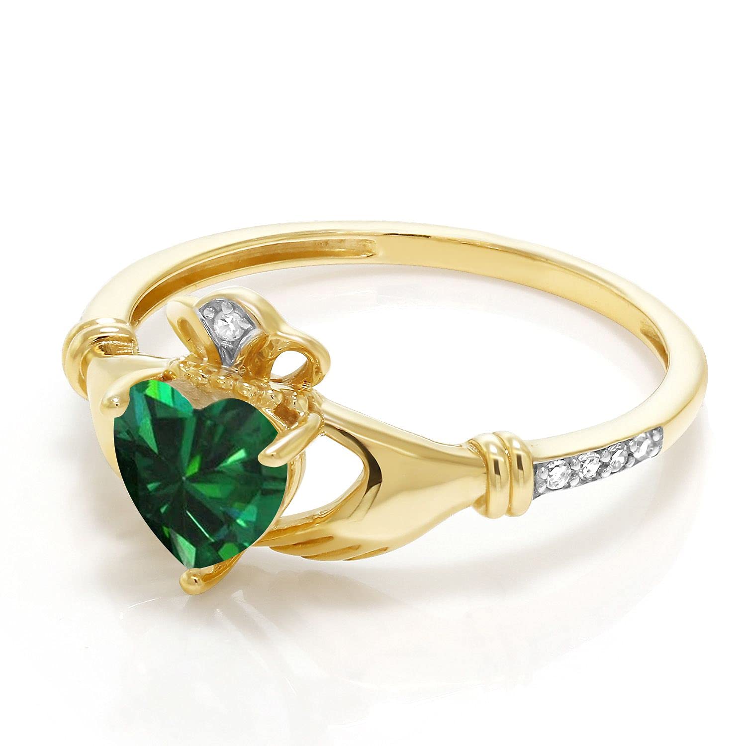 Gem Stone King 10K Yellow Gold Green Simulated Emerald and Diamond Accent Irish Celtic Claddagh Ring For Women (0.74 Cttw, Available in size 5, 6, 7, 8, 9)