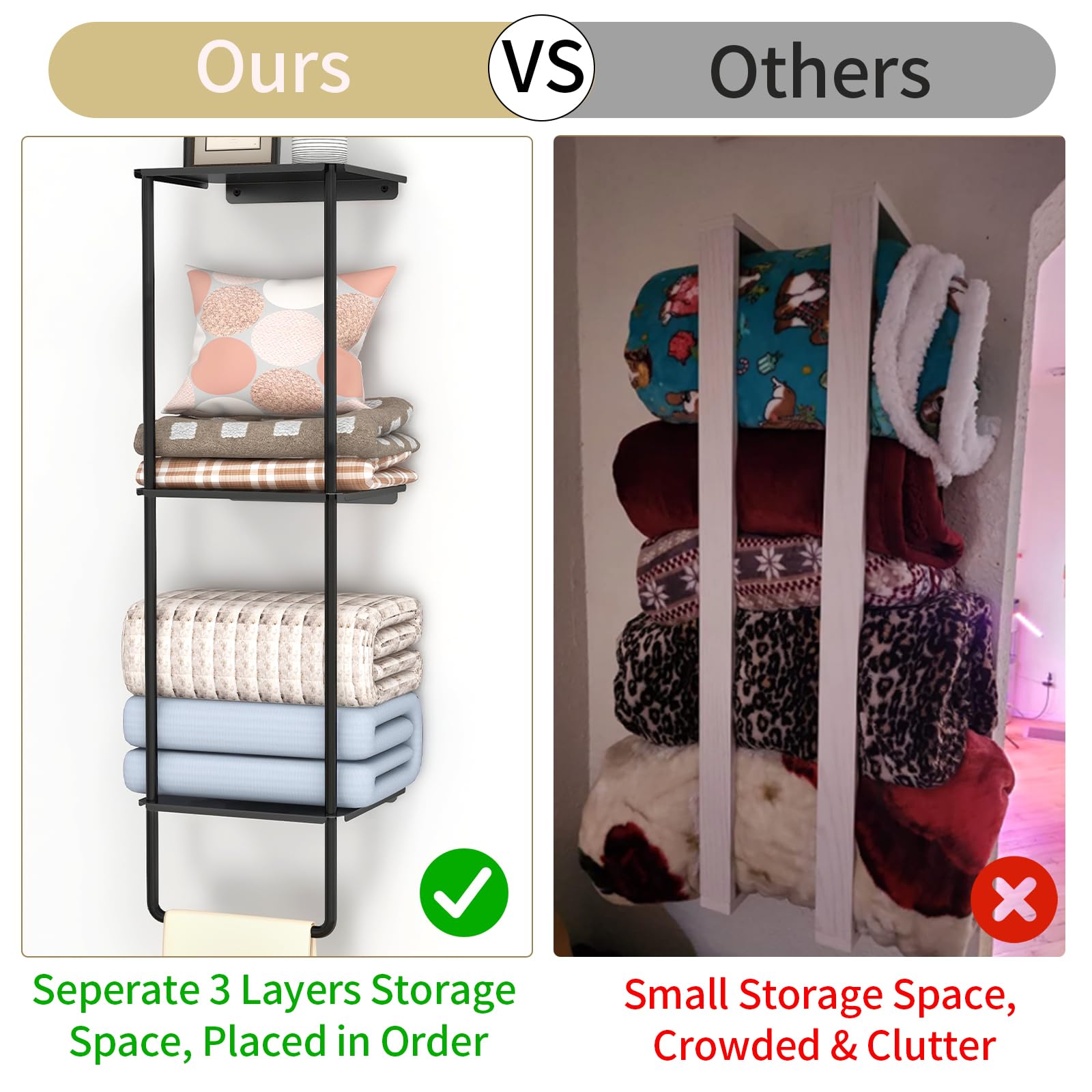 LSK Wall Blanket Holder, 3 Tier Blanket Storage for Living Room, 40 Inch Blanket Wall Rack with Shelves, Towel Blanket Ladder with Blanket Bar for Hanging Small Blankets, Baby Quilts, Matte Black