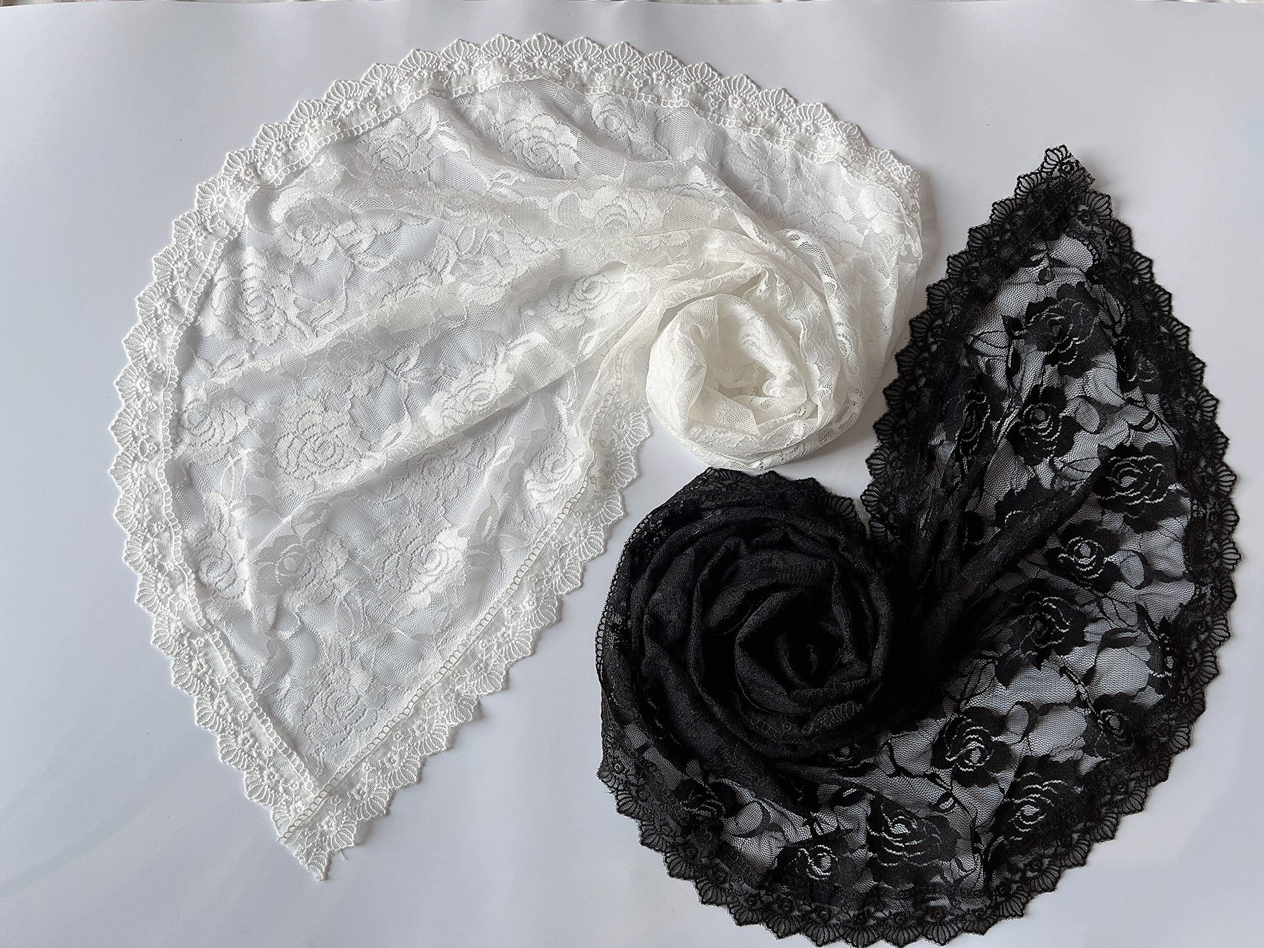 Grettytling Lace Mantilla Veil Soft and comfortable 7 Colors Spanish Style Rose Lace Veil Head Covering D Shape , 2pcs Black&white