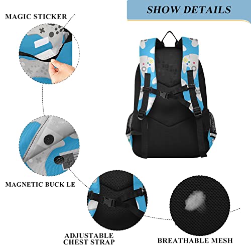 Glaphy Video Game Controller Pattern Blue Backpack School Bag Lightweight Laptop Backpack Student Travel Daypack with Reflective Stripes