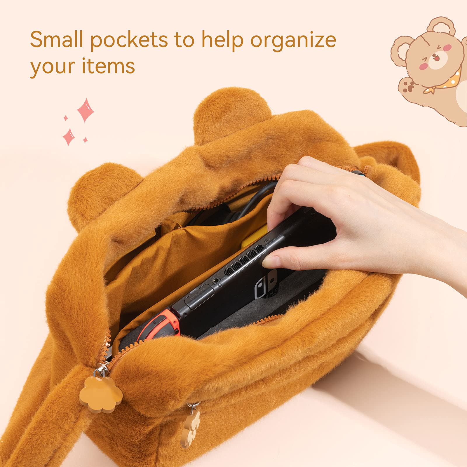 GeekShare Cute Plush Bear Bag, Large Cartoon Crossbody Shoulder Bag Carrying Case Compatible with Nintendo Switch/Switch OLED, AC Adapte, Handphone, Earphone Case and Other Accessories
