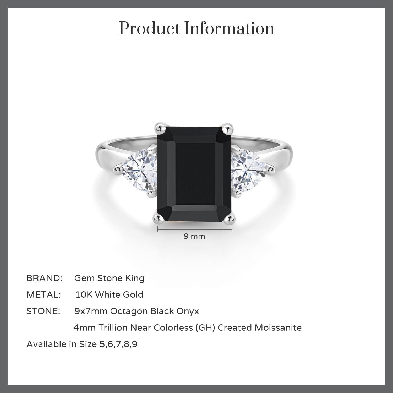Gem Stone King 10K White Gold Black Onyx and White Moissanite 3-Stone Engagement Ring | 2.56 Cttw | Emerald Cut 9X7MM | 3 Stone Wedding Anniversary Promise Ring For Women (Size 7)