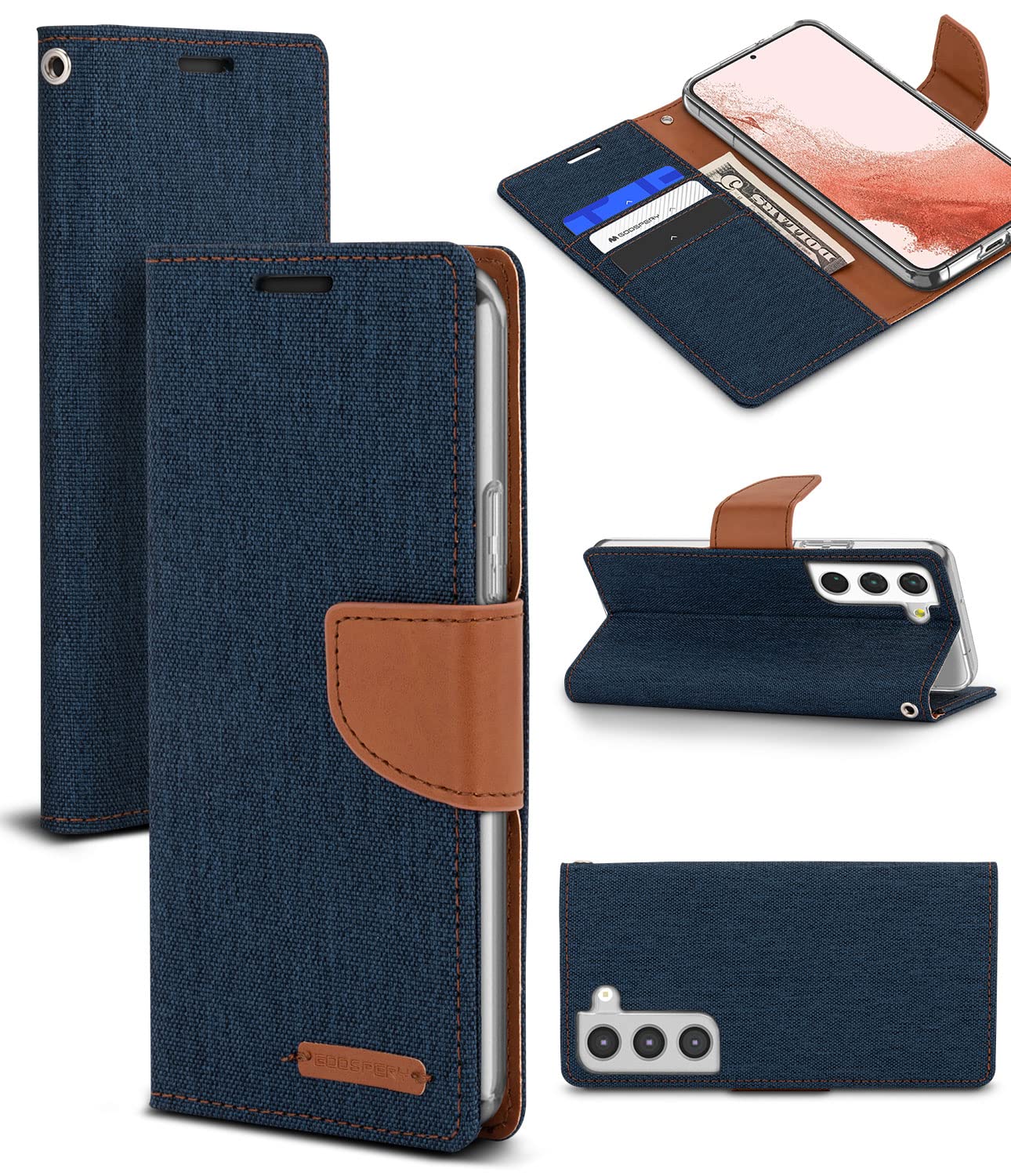 GOOSPERY Canvas Wallet Designed for Samsung Galaxy S22 Wallet Case, Stylish Denim Fabric Design [3 Card Slots & 1 Side Pocket] [Standing Feature] Card Holder Flip Phone Cover - Navy Blue
