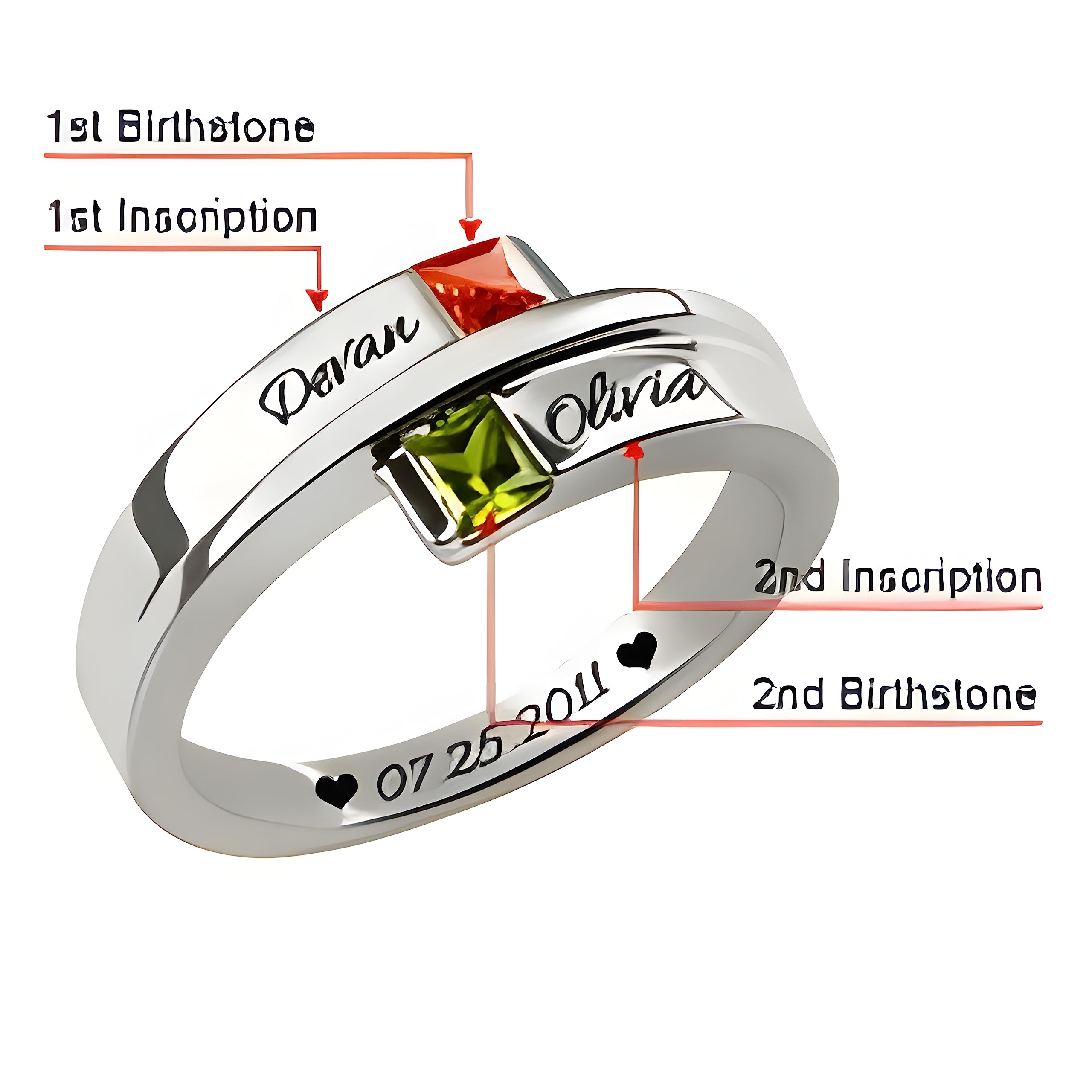 GSBSCSM Double Square Stone Ring 925 Sterling Silver Engraved Mother's Ring 2 Birthstone Custom Womens Engagement Rings Promise Name Rings for Her (Silver)