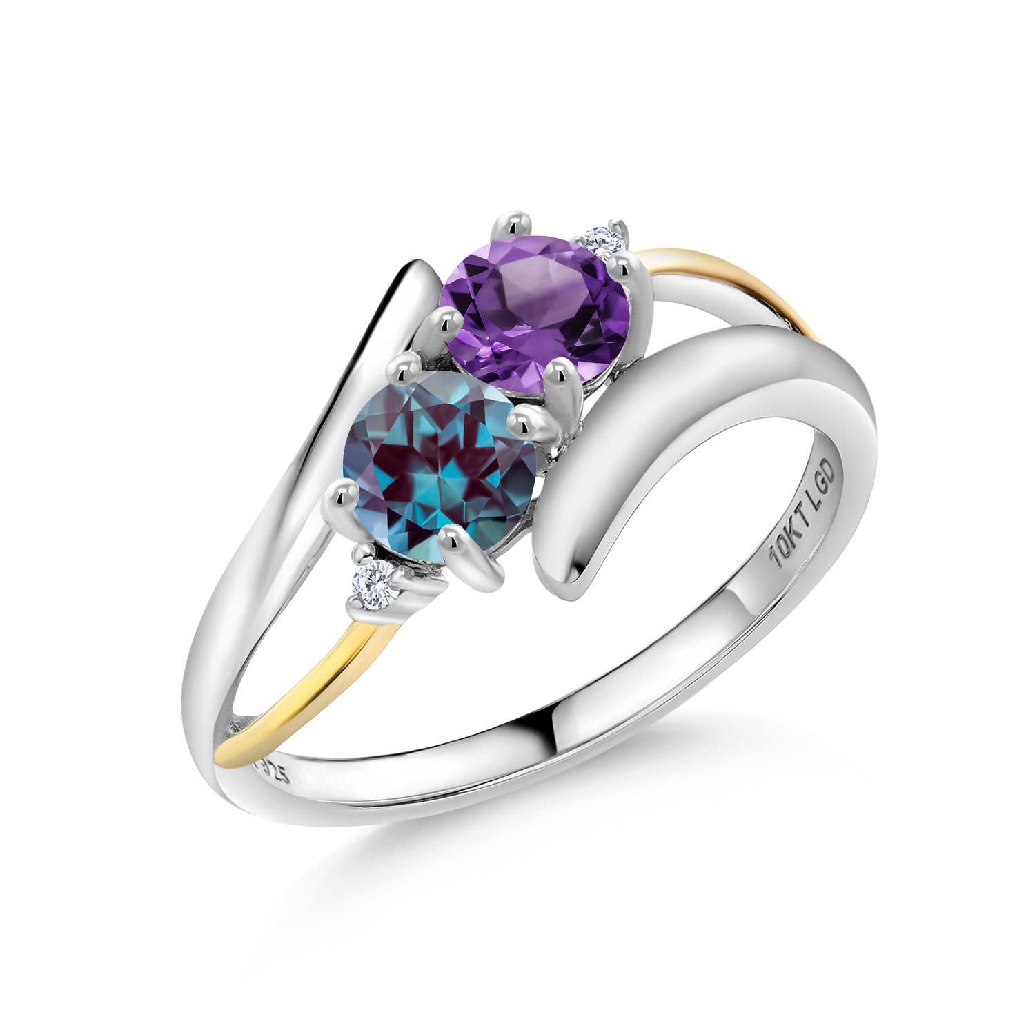 Gem Stone King 1.08 Ct Purple Amethyst Purplish Created Alexandrite 925 Silver and 10K Yellow Gold Ring (Size 9)