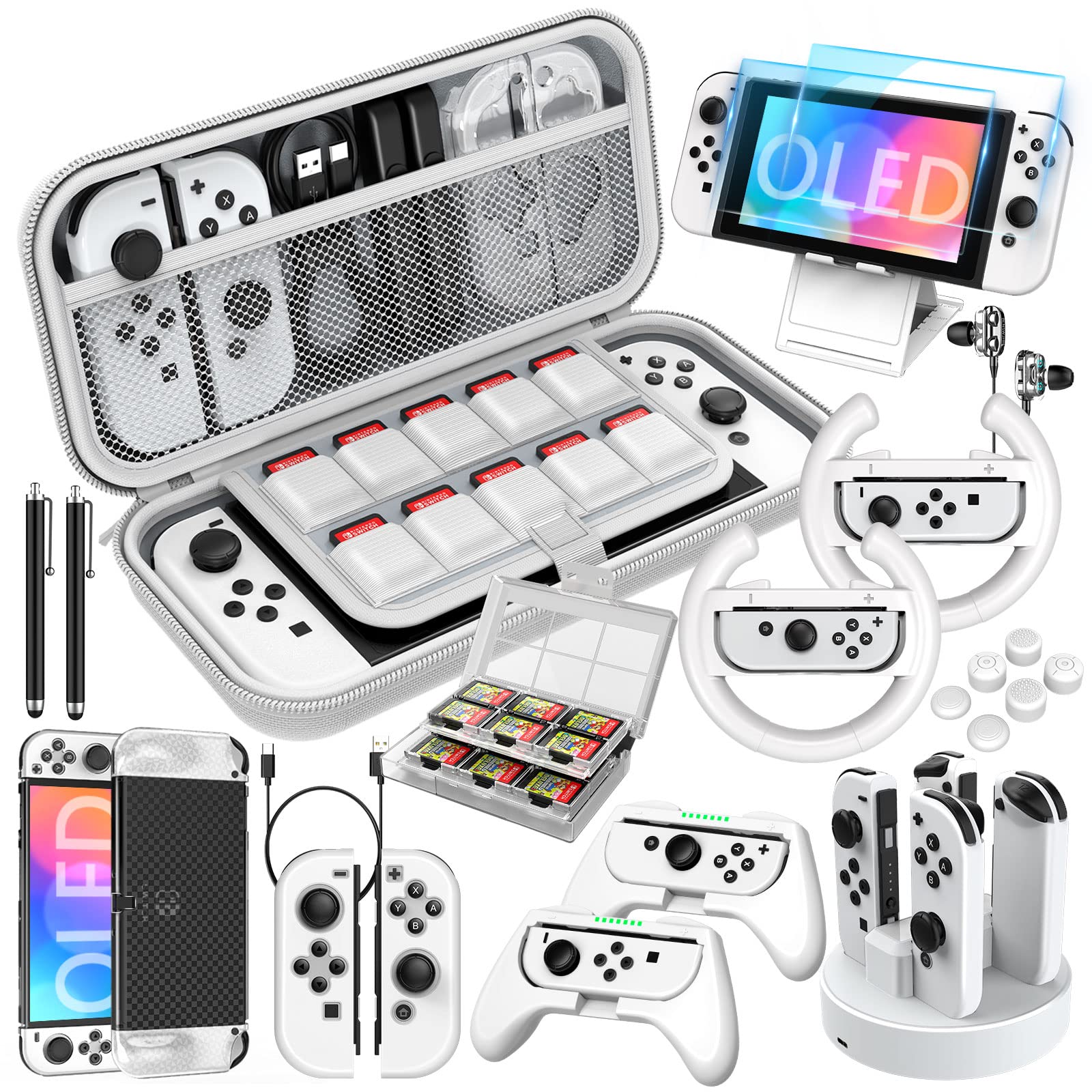 HEYSTOP Switch OLED Accessories Bundle 27 in 1 Compatible with Nintendo Switch OLED, Gift Kit for OLED Carrying Case, Dockable Protective Case Cover, Screen Protector, Joycon Grip & More (White)