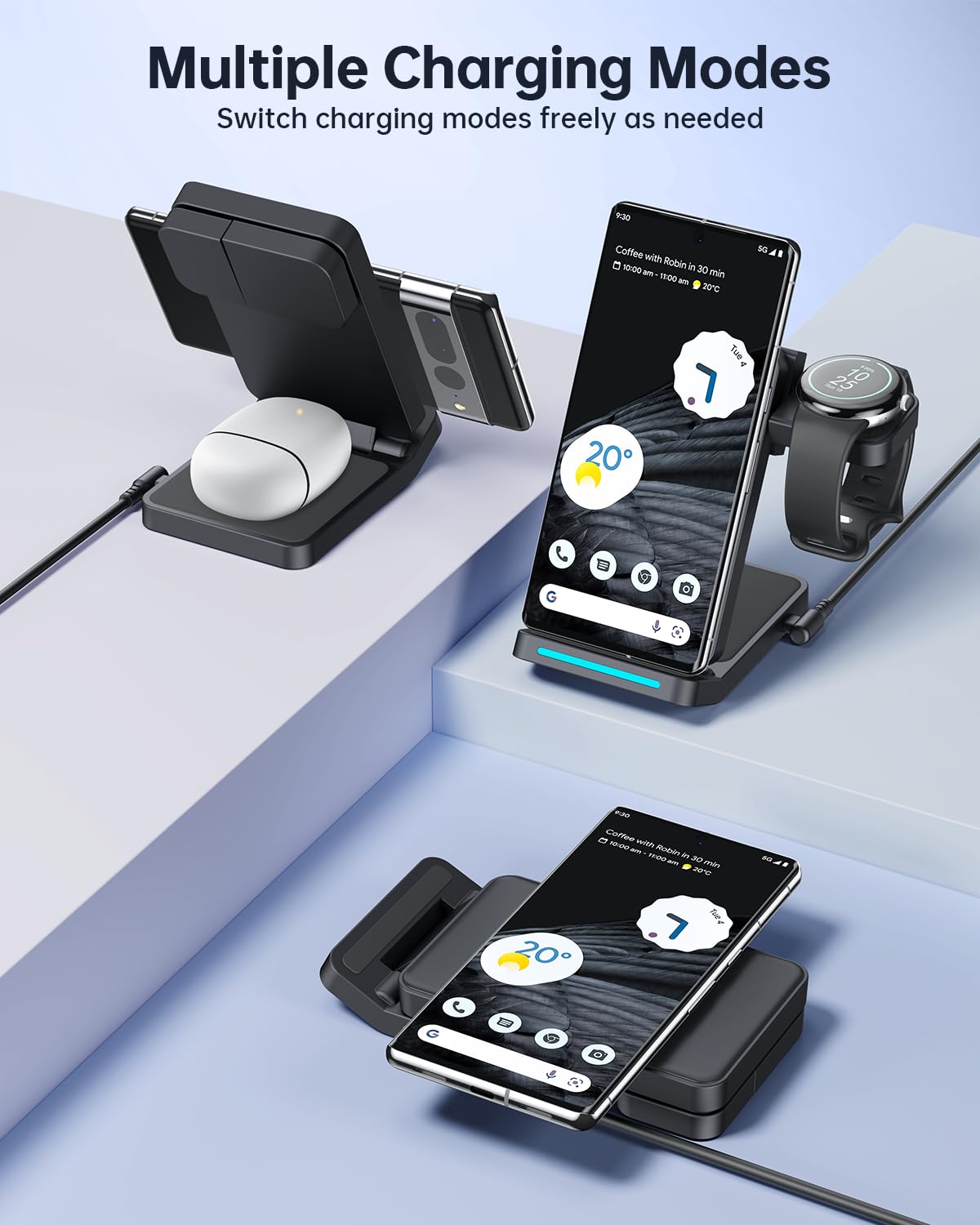 Houflody 3 in 1 Foldable Wireless Charging Station for Google Pixel Watch 1, Pixel Buds Pro and Google Phones Fold/8 Pro/8/7 Pro/7a/7/6 Pro/6/5/4/3/XL, Wireless Charger with QC 18W Adapter, Black