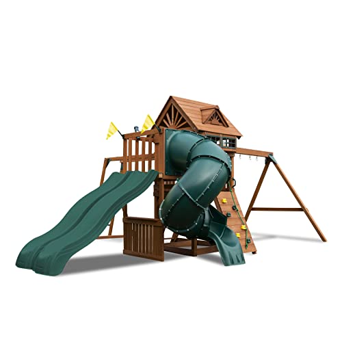 Gorilla Playsets 01-1109 Highlander Swing Set with Three Slides, Climbing Wall and Wood Roof (Amazon Exclusive), Cedar