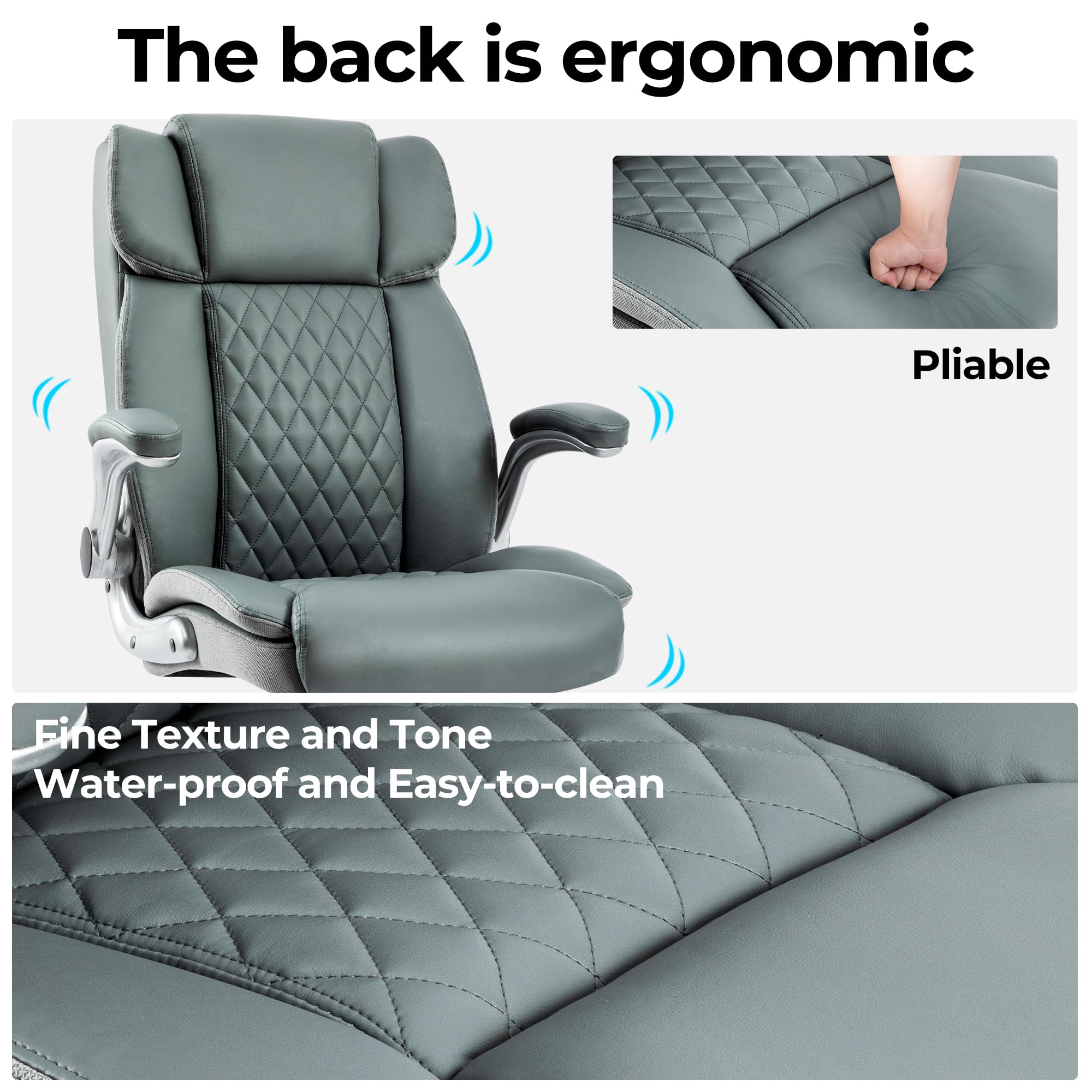 HOMYEDAMIC High Back Ergonomic Office Chair, Flip Arms Big & Tall Executive Swivel PU Bonded Leather Computer Chairs Adjustable Tilt Angle, Wide Thick Seat, Design for Back Pain (7011-Grey)
