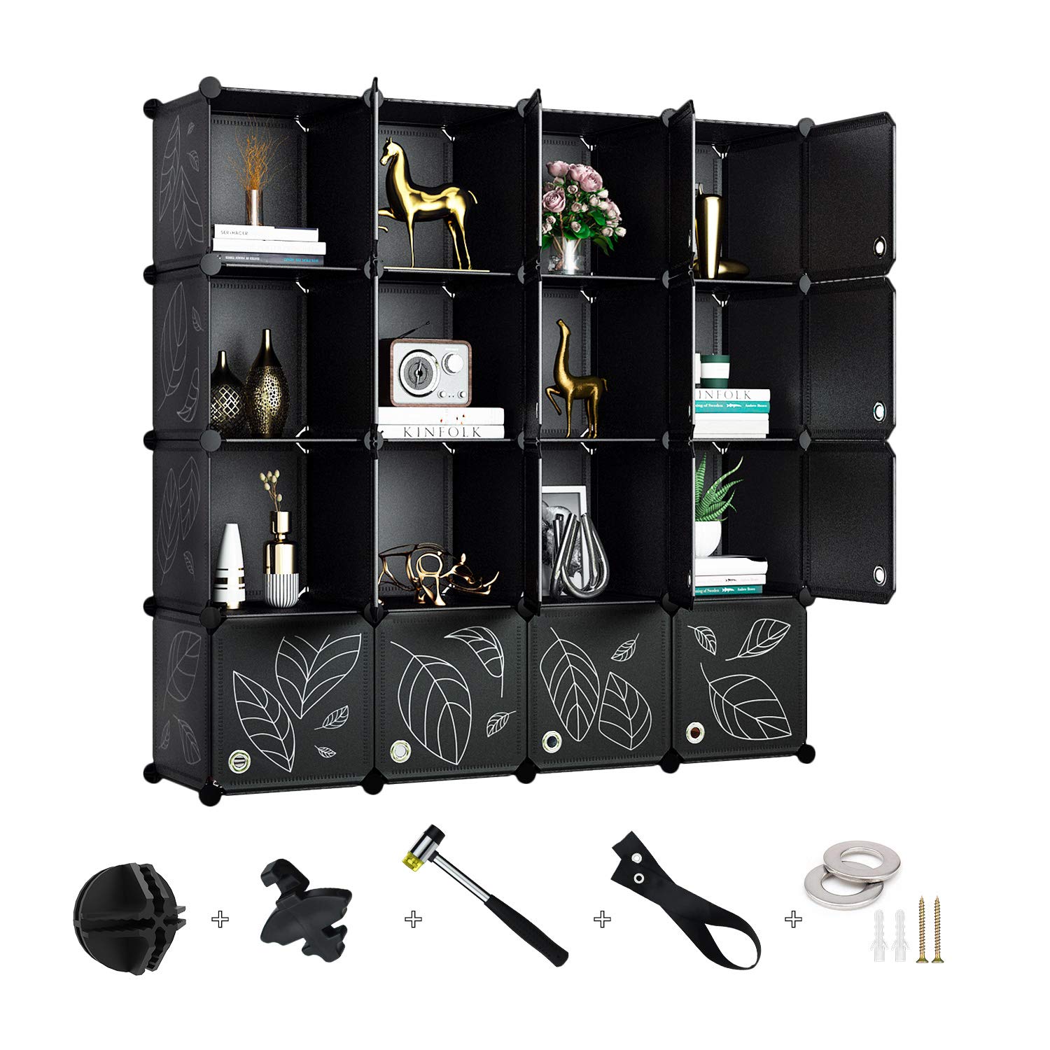 GREENSTELL Cube Storage Organizer, Plastic Closet Organizer with Doors, 16-Cube DIY Storage Cubes Organizer, Modular Storage Cabinet Book Shelf Shelving for Bedroom, Living Room, Office Black