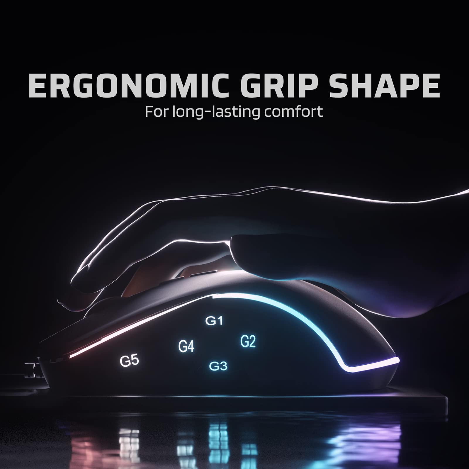 LTC MKM051 MMO Gaming Mouse, 10 Programmable Buttons, 7200 DPI, Wired RGB Mouse Ergonomic Natural Grip Build, 5 Side Macro Keys, Software Supports DIY Keybinds & Backlit, Black